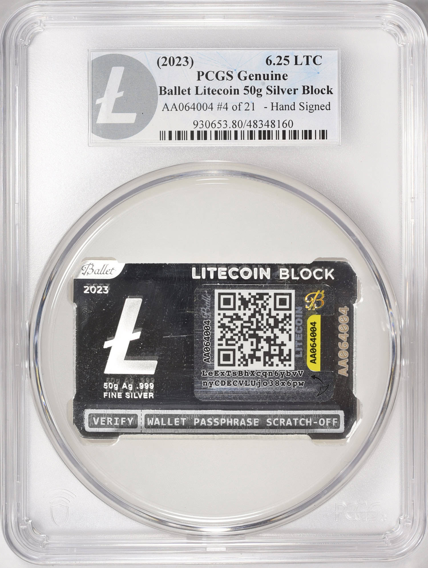 2023 6.25 LTC Ballet Litecoin 50g Silver Block PCGS Certified Genuine ...