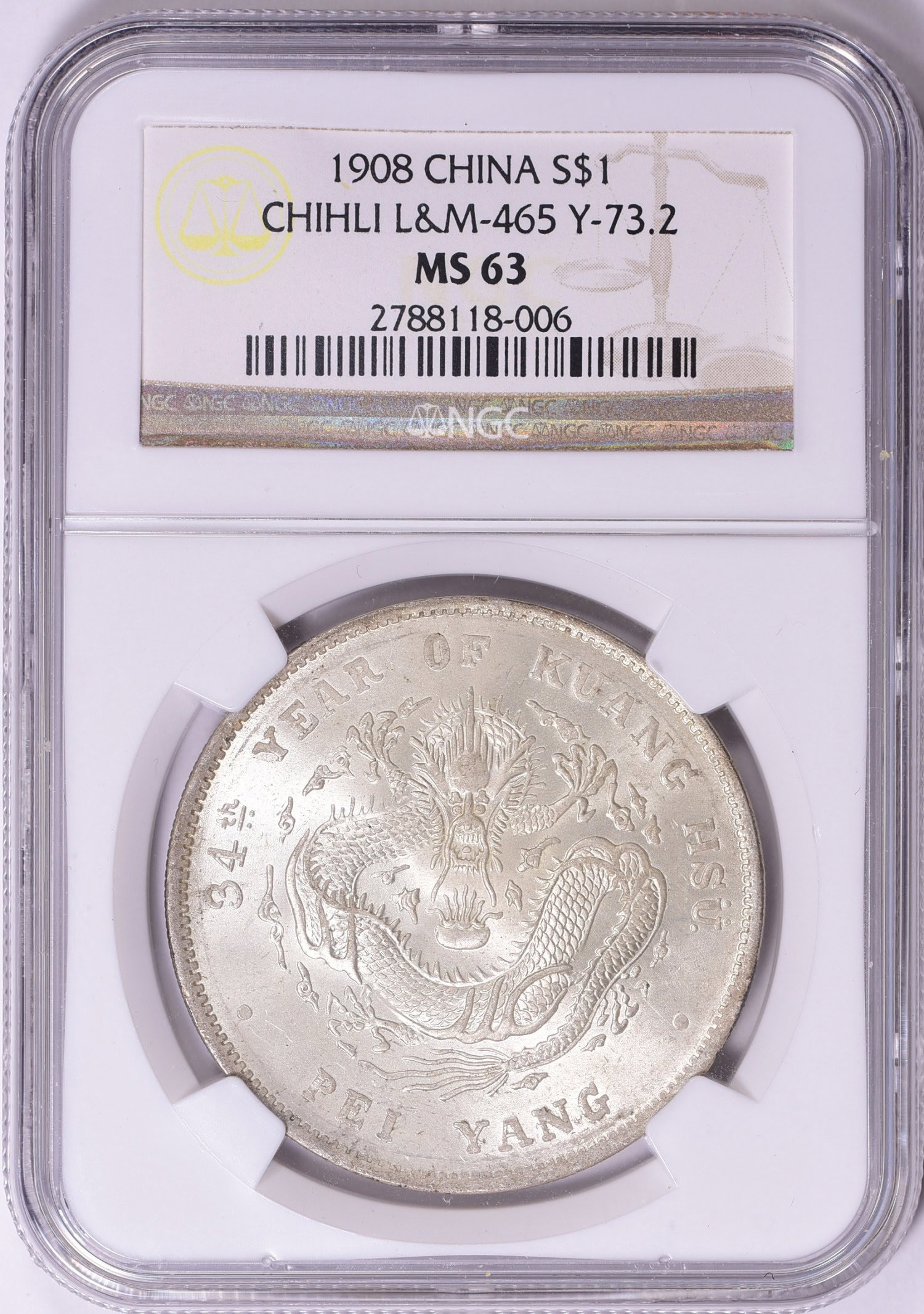 China - Chihli Province Year 34 (1908) Silver 7 Mace 2 Candareens (Dollar) LM-465 NGC MS-63 ...