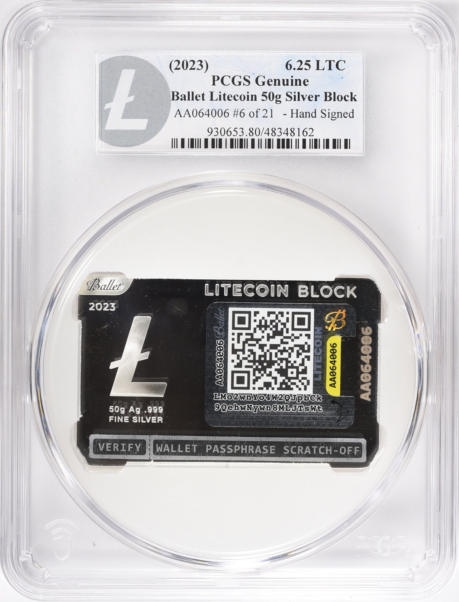 2023 6.25 LTC Ballet Litecoin 50g Silver Block PCGS Certified Genuine ...