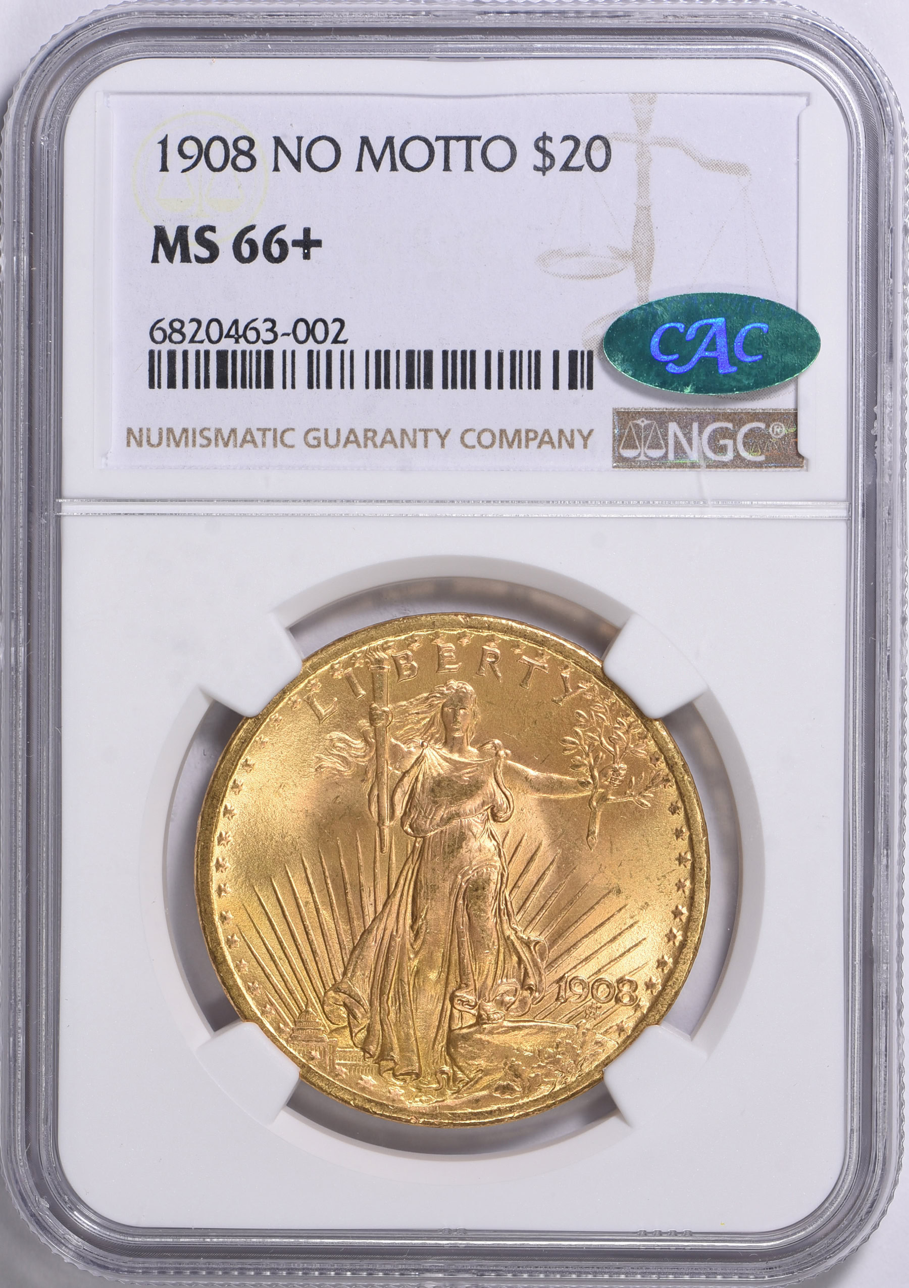 1908 Saint-Gaudens Gold Double Eagle No Motto NGC MS-66+ (CAC Green) (Item 1472754 ...