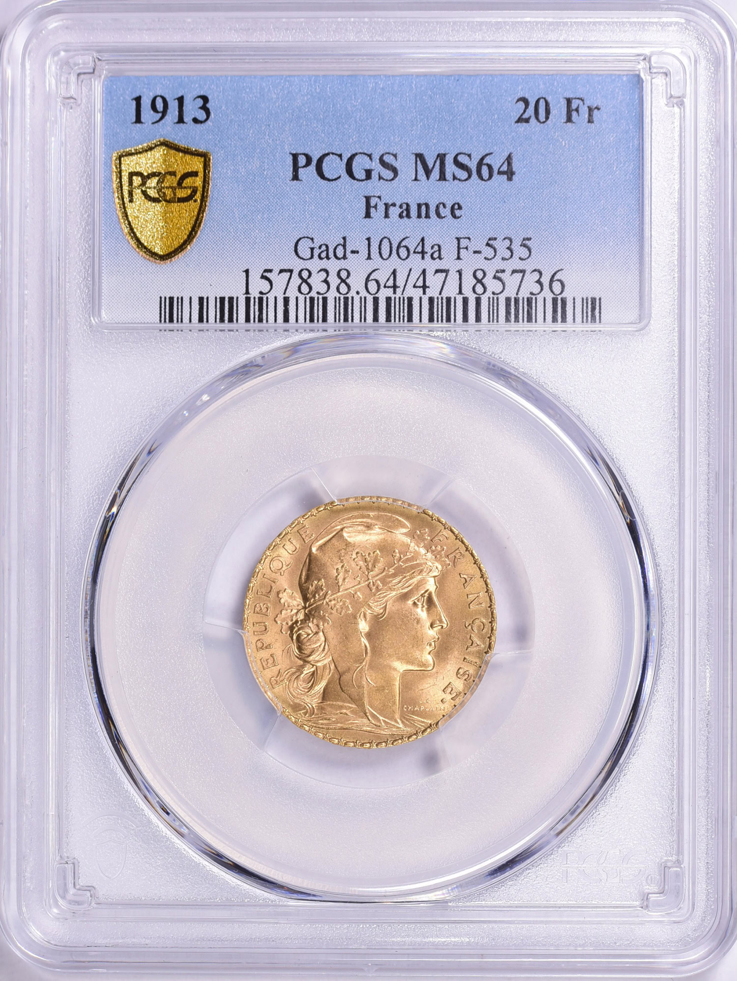France 1913 Gold 20 Francs Gad-1064a PCGS MS-64 (AGW = 0.1867 Oz ...