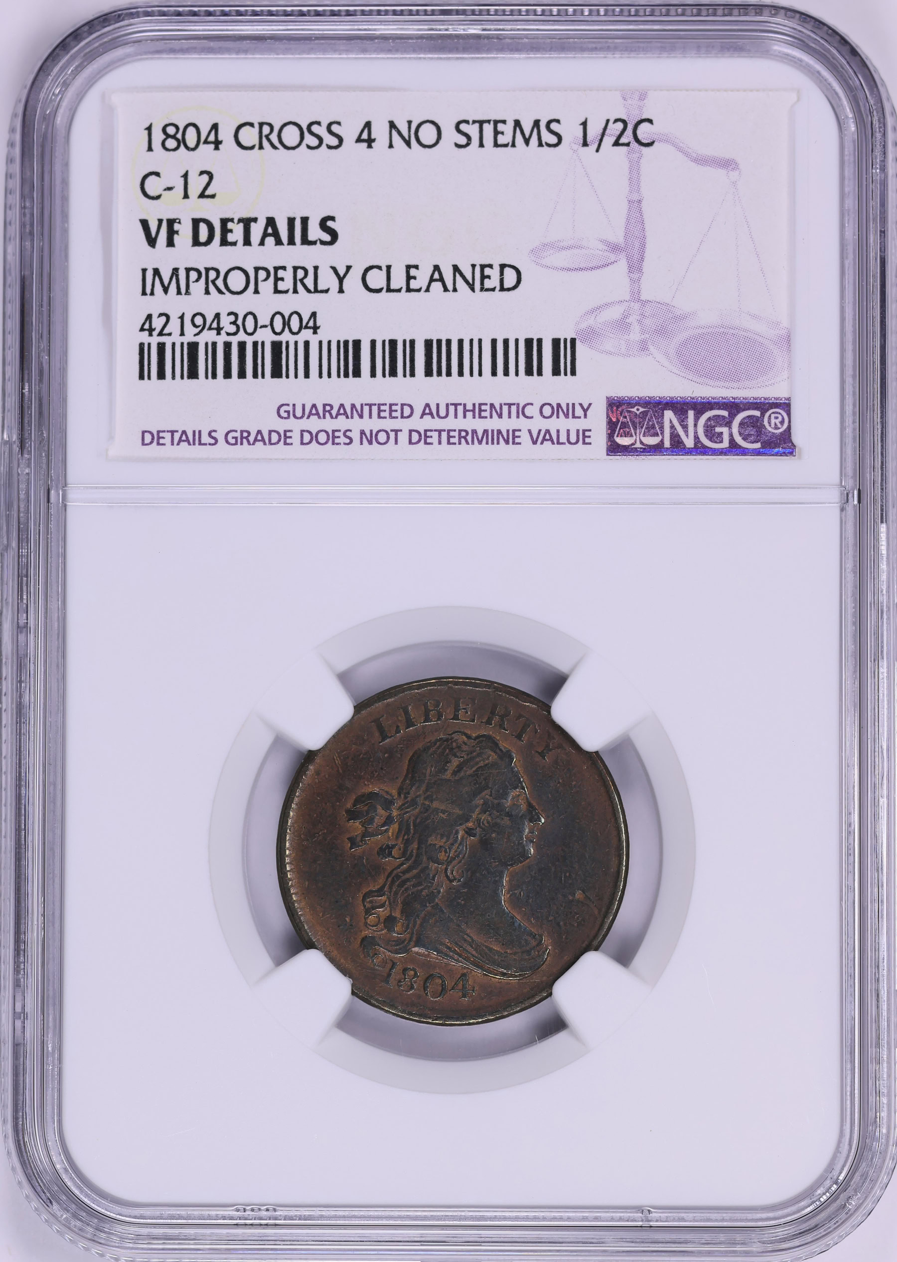 1804 Draped Bust Half Cent Crosslet 4, No Stems Cohen 12 NGC VF Details ...