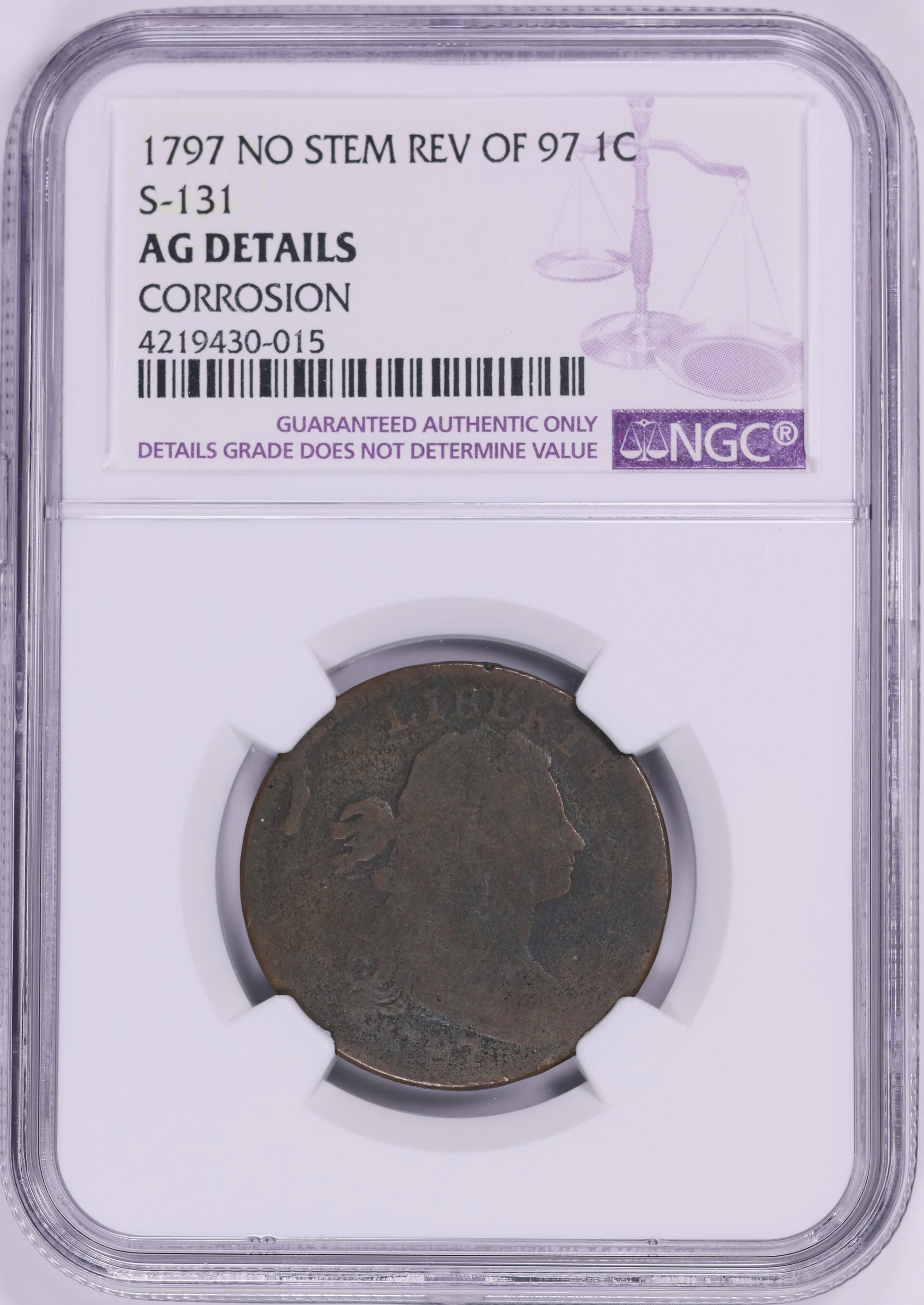 1797 Draped Bust Cent Reverse of 1797, No Stems S-131 NGC AG Details ...
