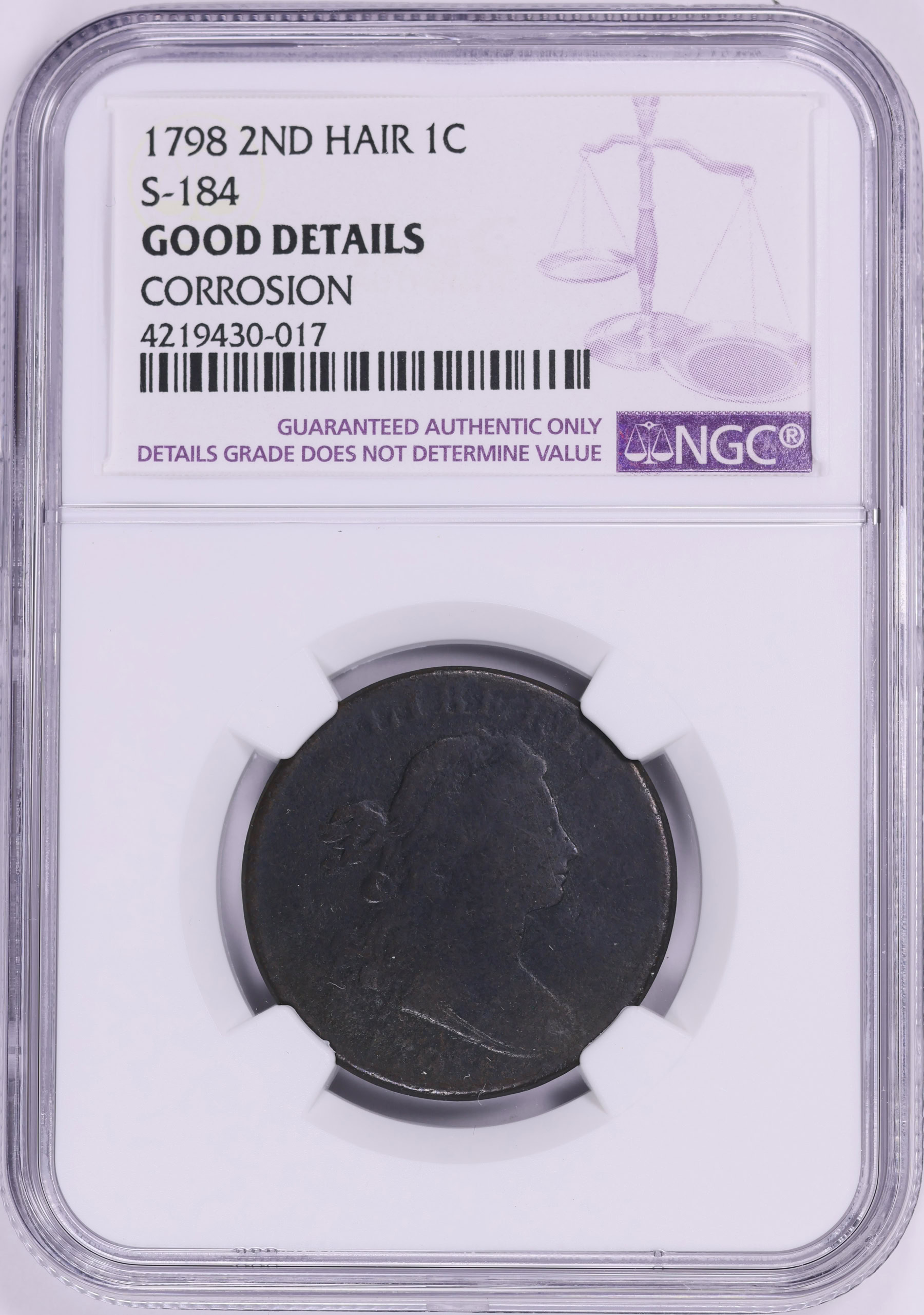 1798 Draped Bust Cent S-184 2nd Hair Style NGC Good Details (Item ...