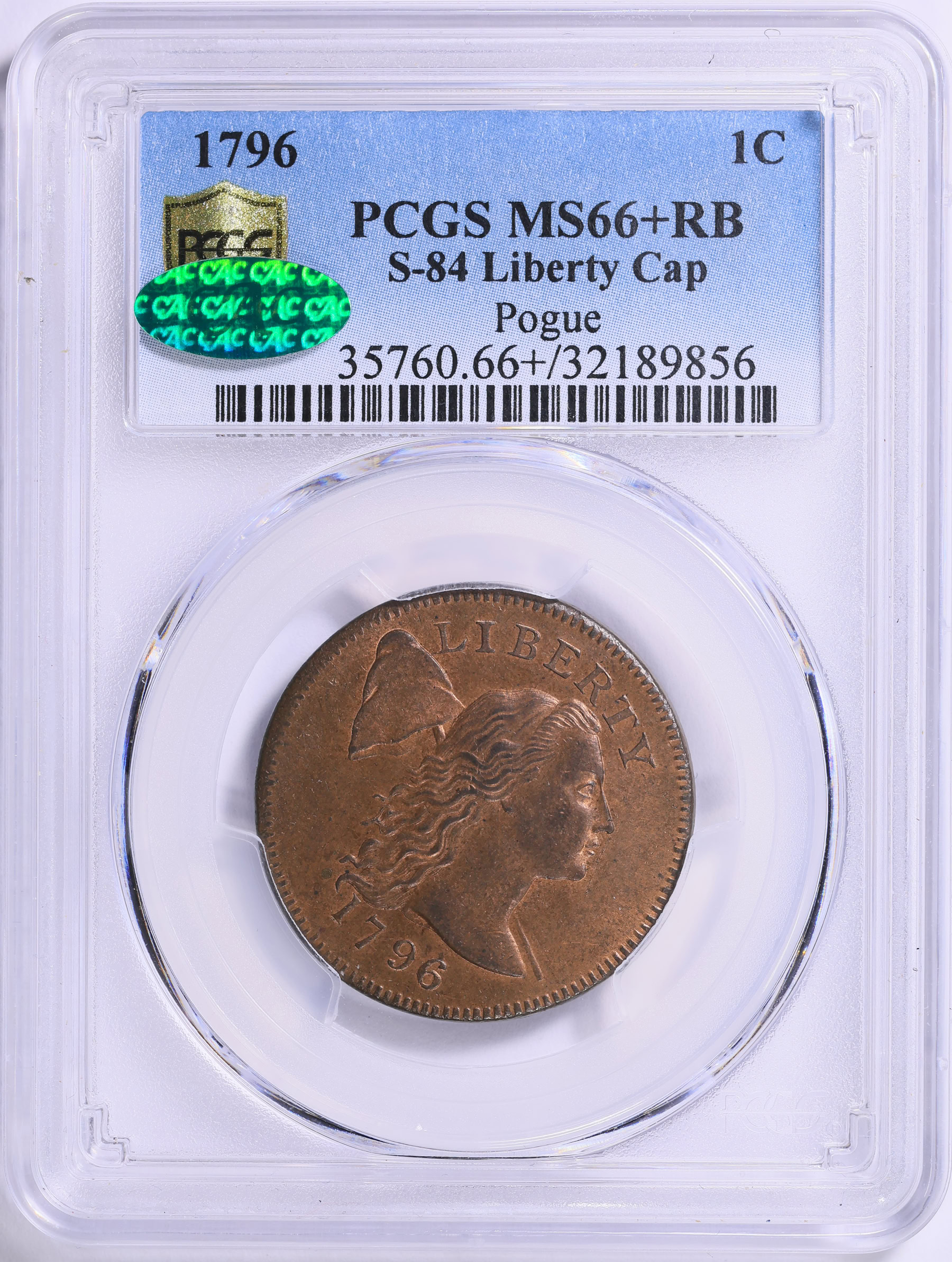 1796 Liberty Cap Cent Sheldon 84 PCGS MS-66+ RB (CAC Green) (Pogue ...