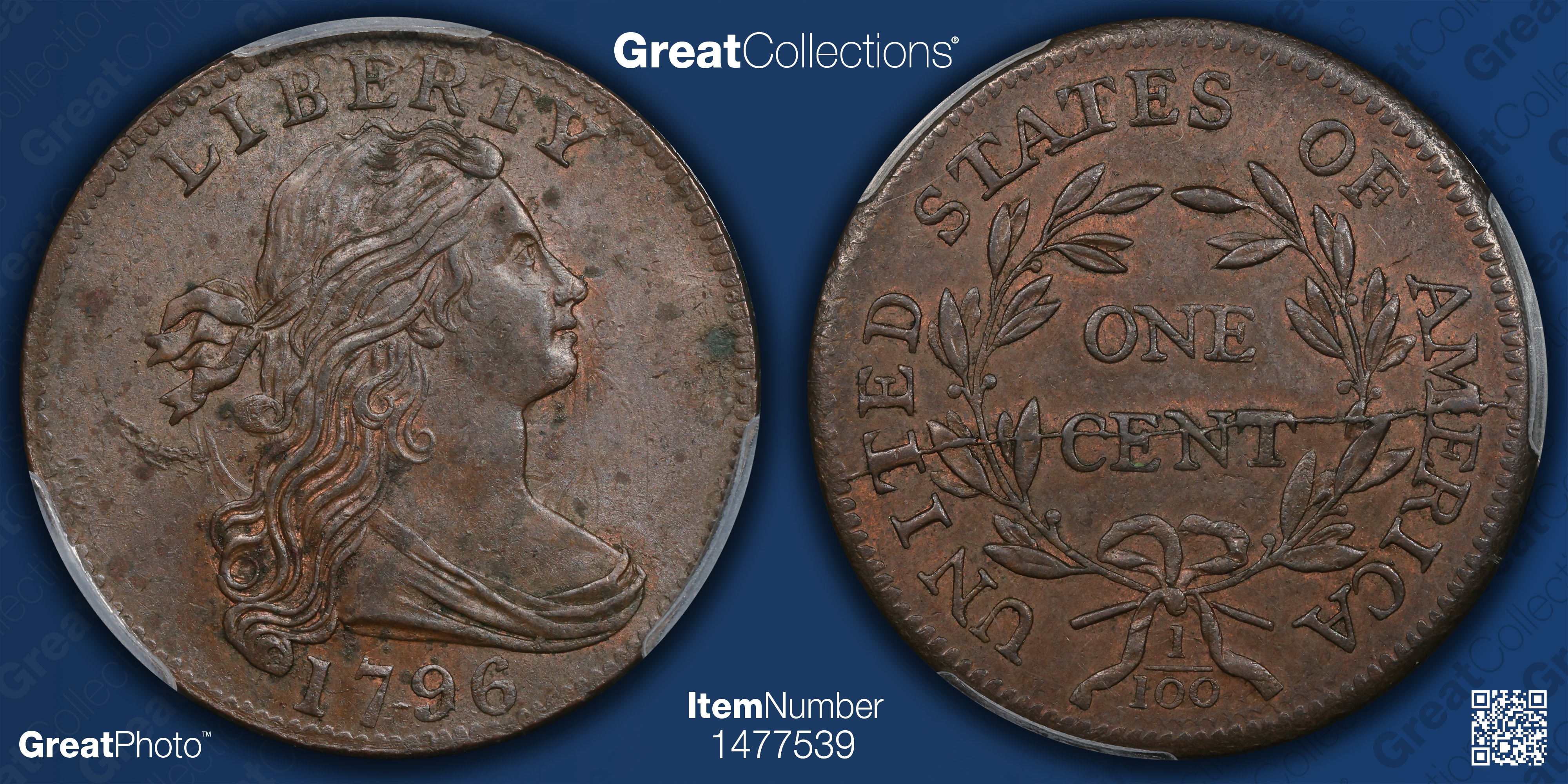 1796 Draped Bust Cent Reverse of 1795 Single Leaves PCGS MS-63 BN (Item ...