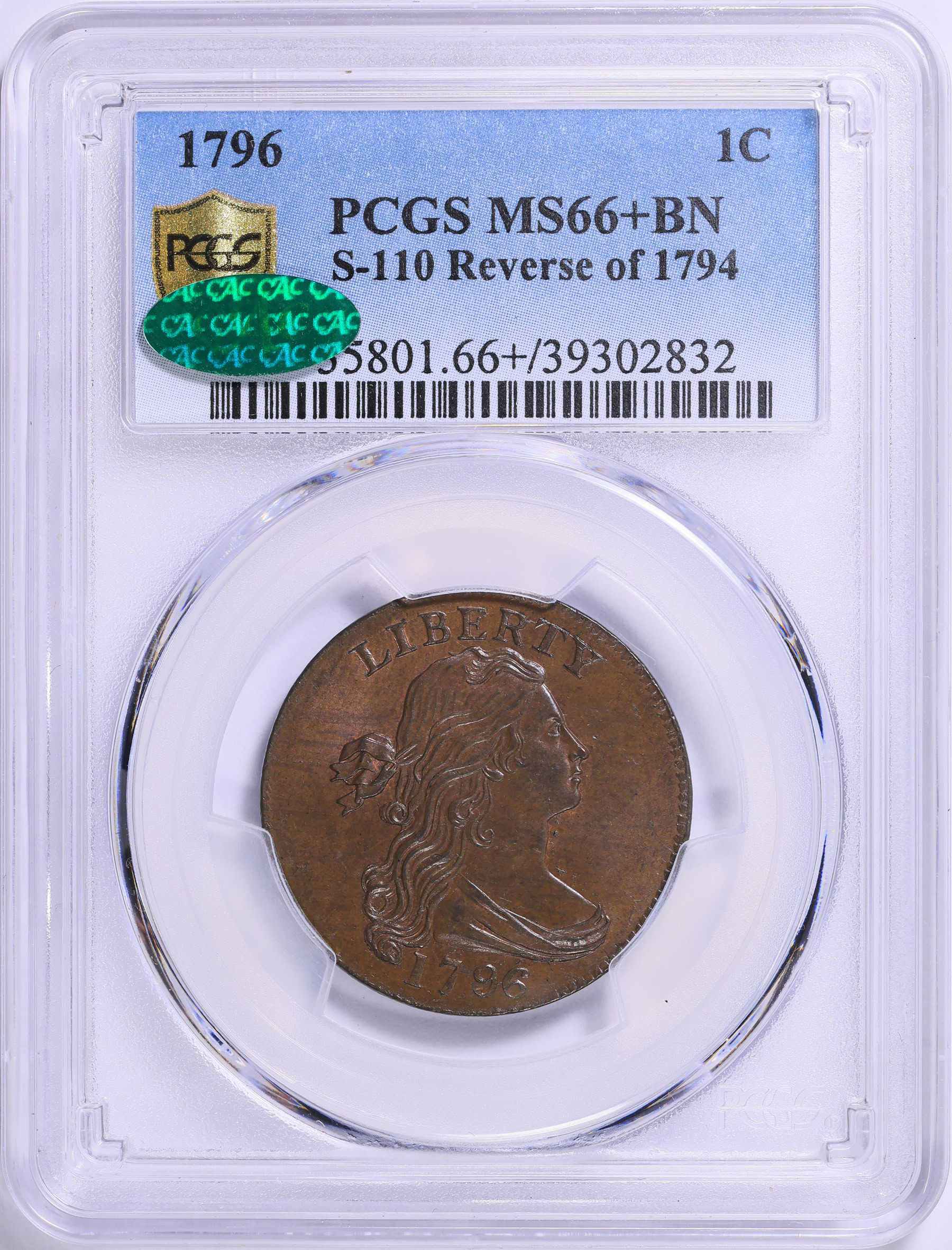 1796 Draped Bust Cent Reverse of 1794 Sheldon 110 PCGS MS-66+ BN (CAC ...