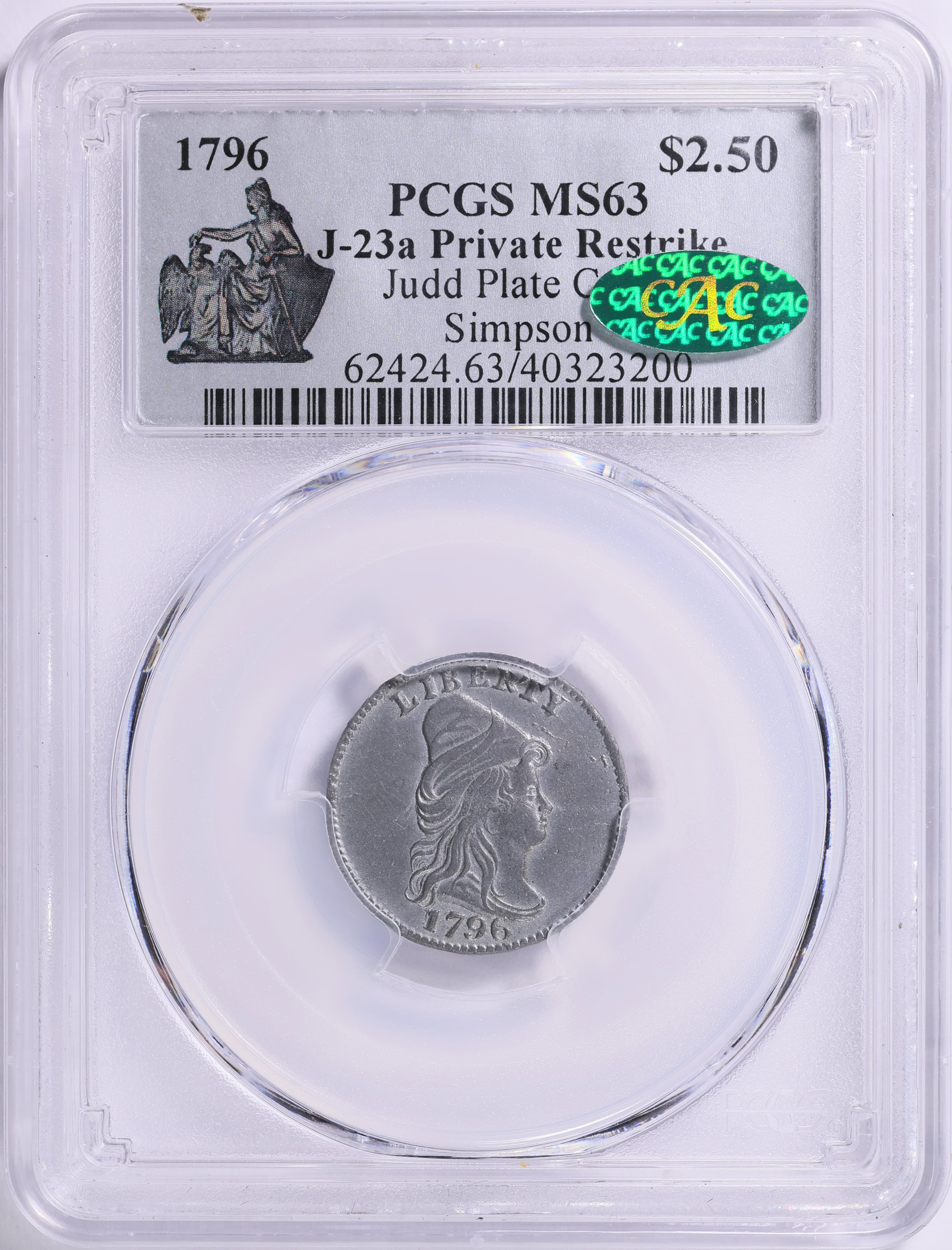 Pattern 1796 $2.50 J-23a Private Restrike PCGS MS-63 (CAC Green ...