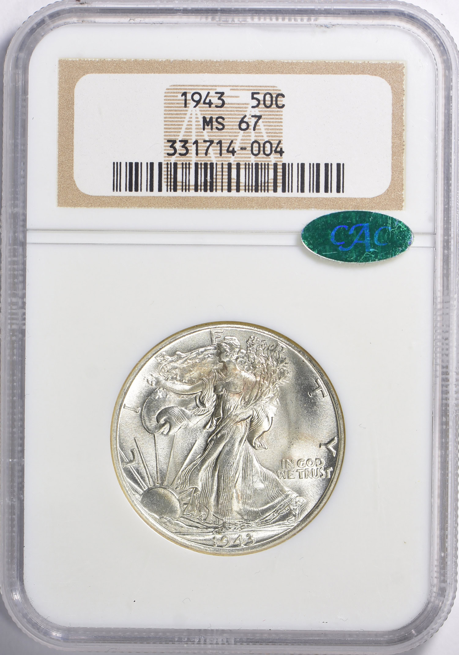 1943 Walking Liberty Half Dollar NGC MS-67 (CAC Green) (Item 1478364) | GreatCollections Coin ...