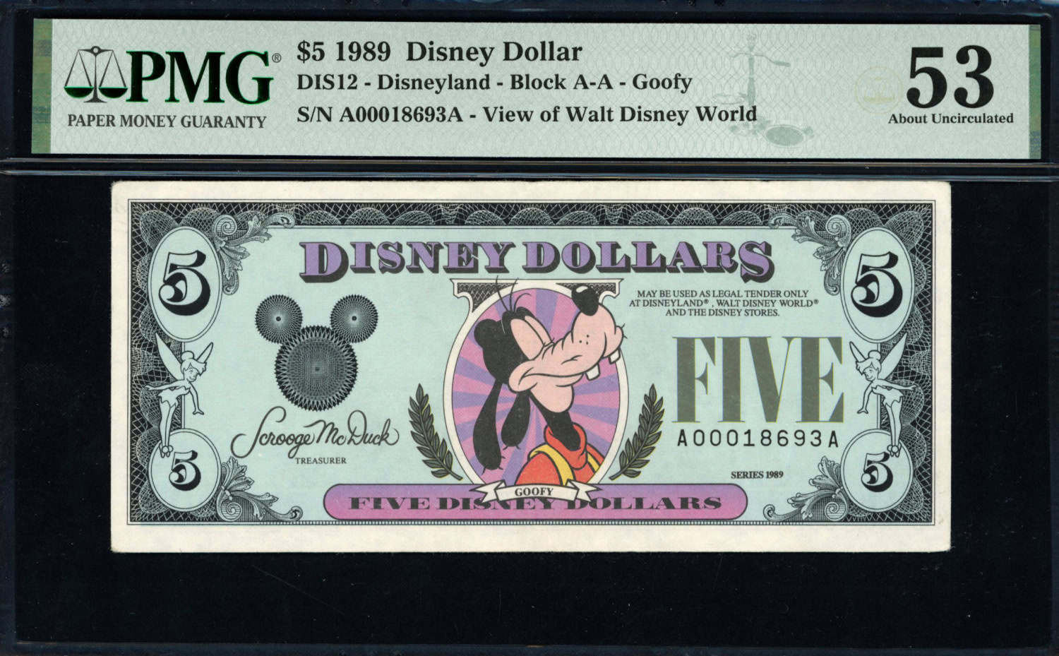 1989 (AA Block) Disneyland $5 Disney Dollar Note Goofy / View of Walt ...