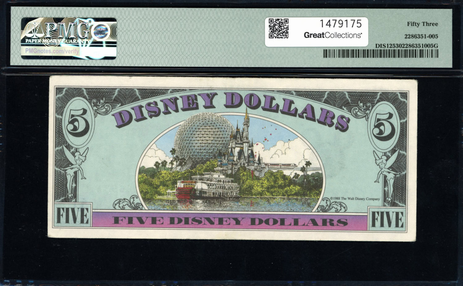 1989 (AA Block) Disneyland $5 Disney Dollar Note Goofy / View of Walt ...