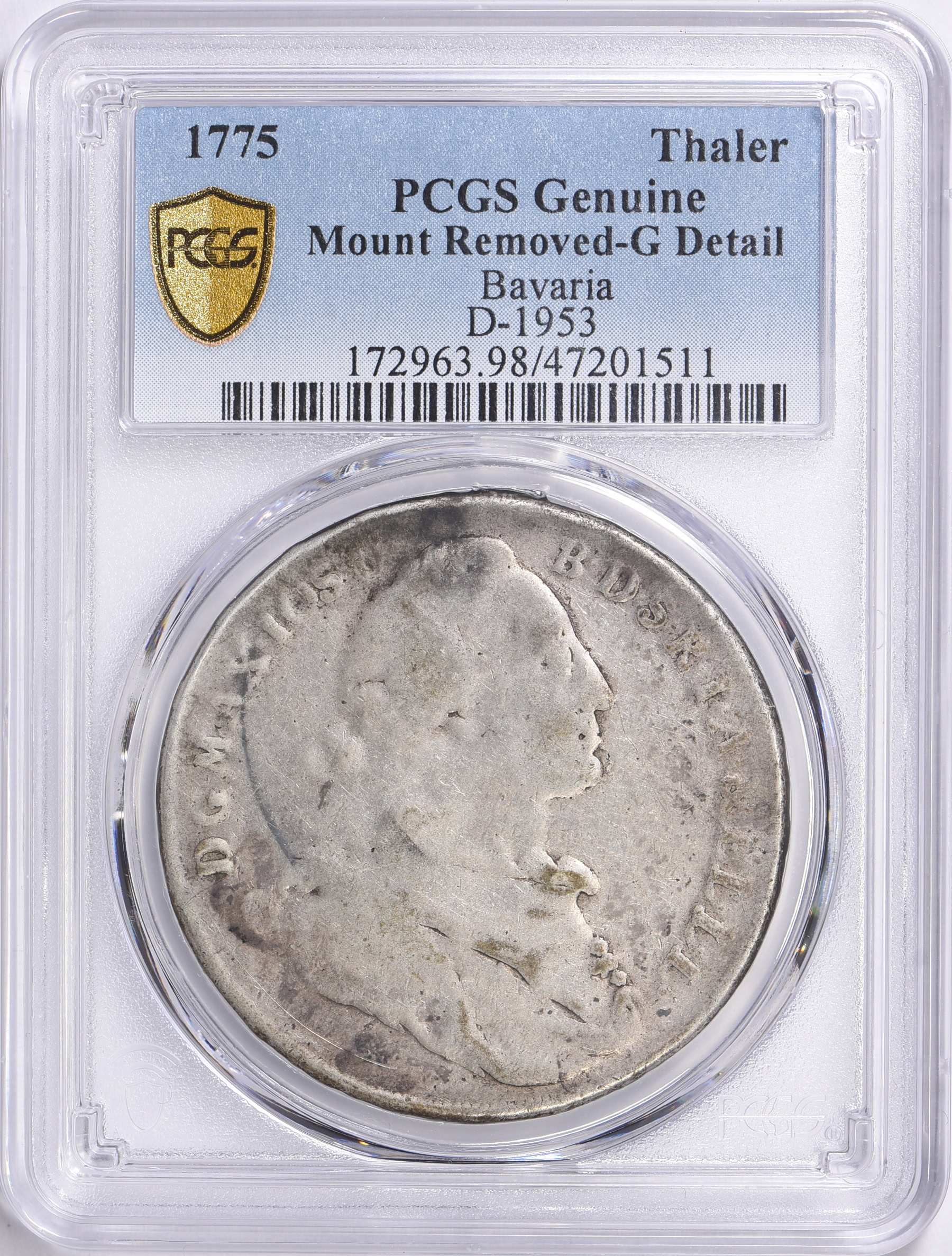 Germany - Bavaria 1775 Silver Thaler Dav-1953 PCGS Genuine Good Details ...