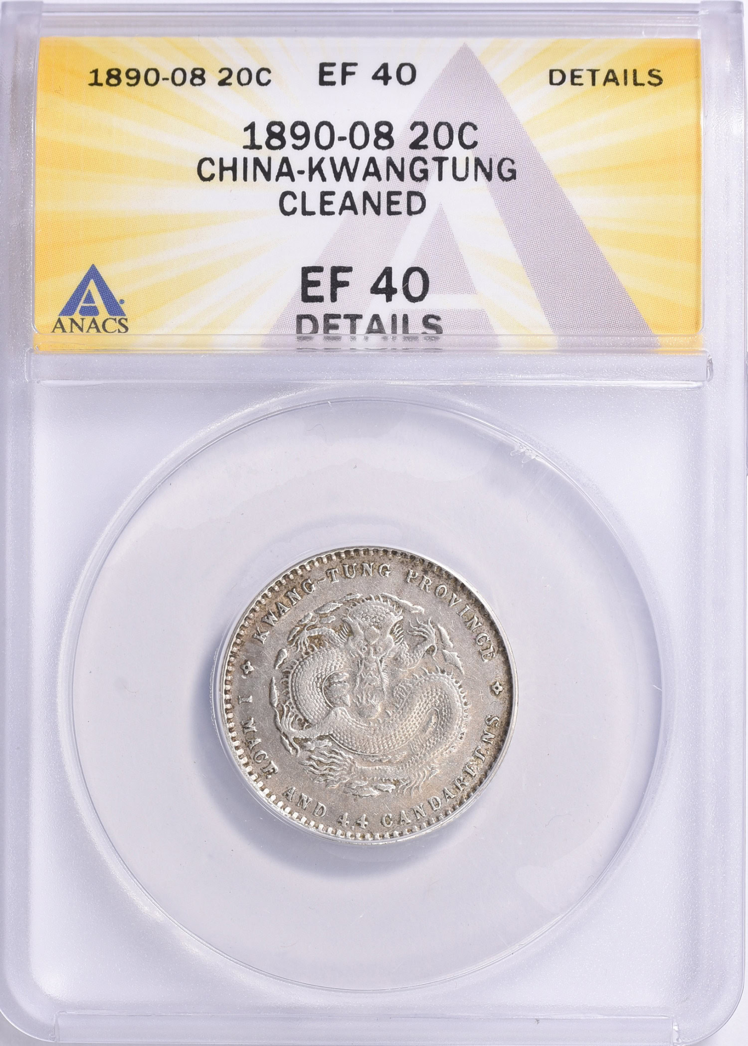 China - Kwangtung Province ND (1890-1908) Silver 1 Mace 4.4 Candareens (20 Cents) LM-135 ANACS ...