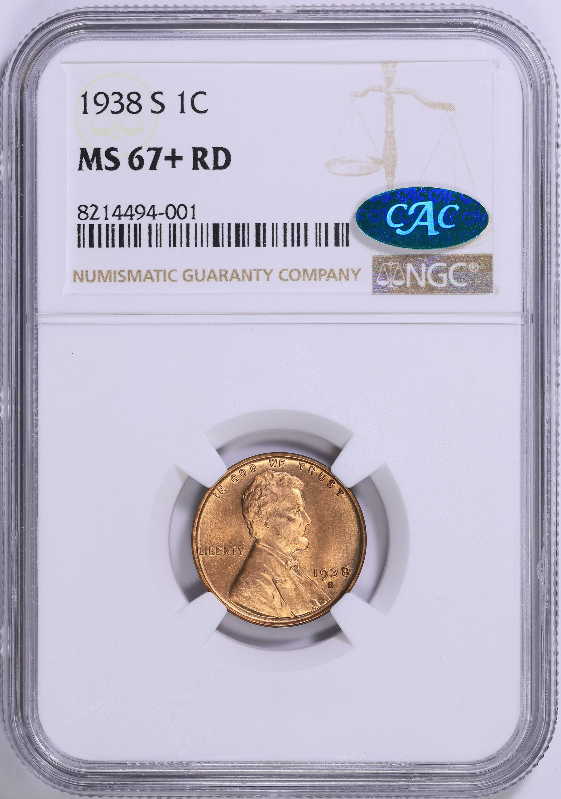 1938-S Lincoln Cent NGC MS-67+ RD (CAC Green) (Item 1482802) | GreatCollections Coin Auctions