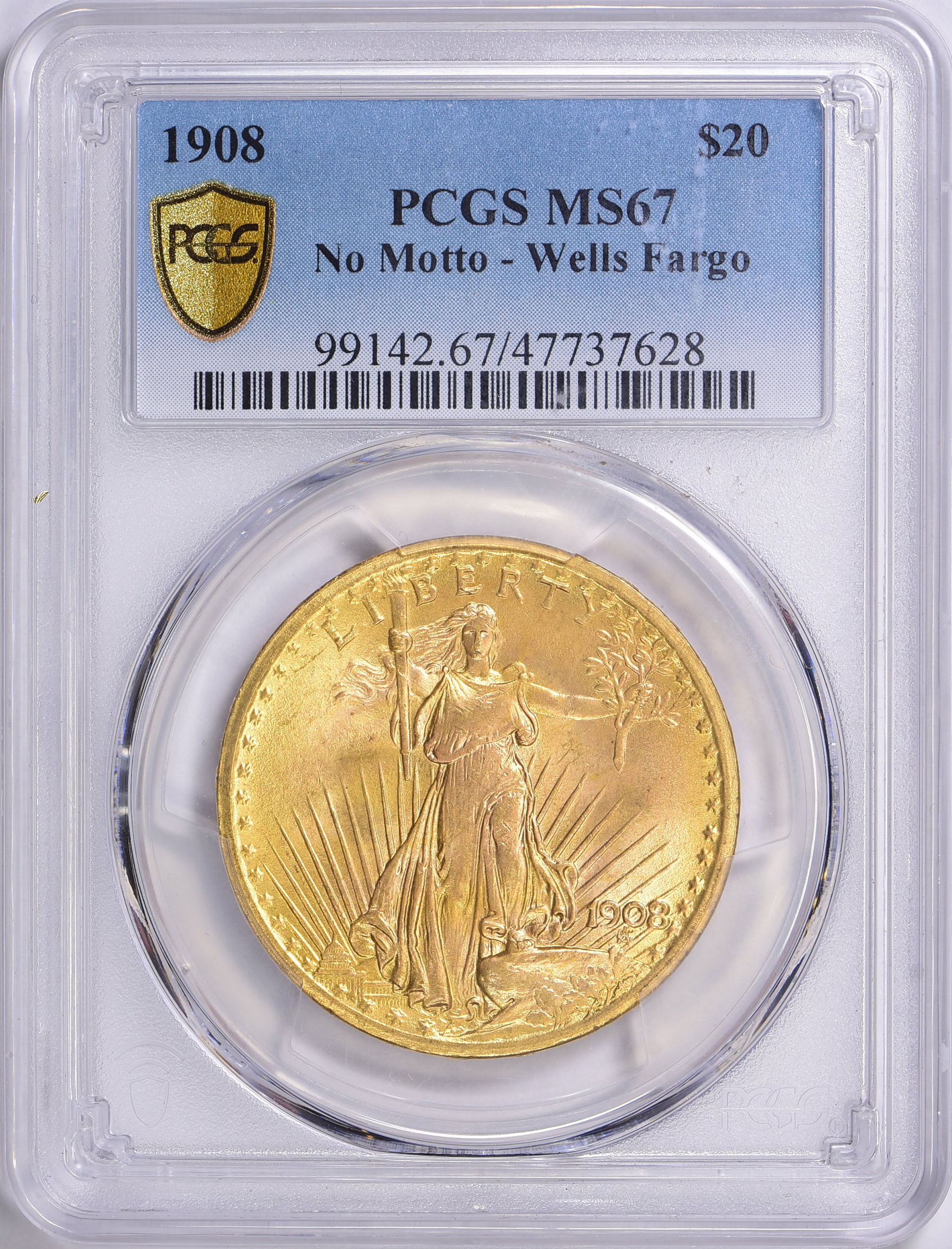 1908 Saint-Gaudens Gold Double Eagle No Motto. Wells Fargo Nevada Gold ...