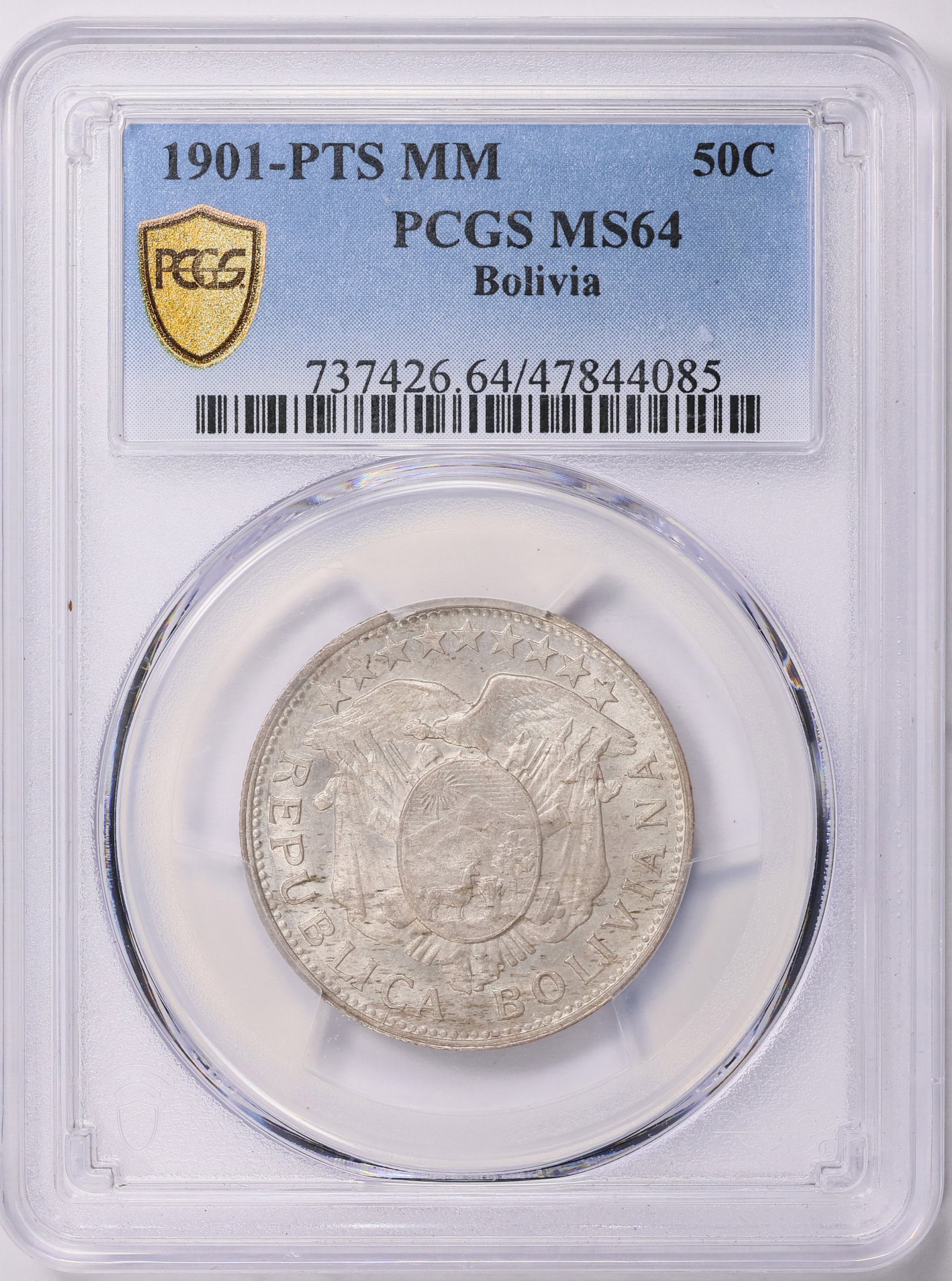 Bolivia 1901-PTS MM Silver 50 Centavos (1/2 Boliviano) KM-175.1 PCGS MS-64 (Item 1484996 ...