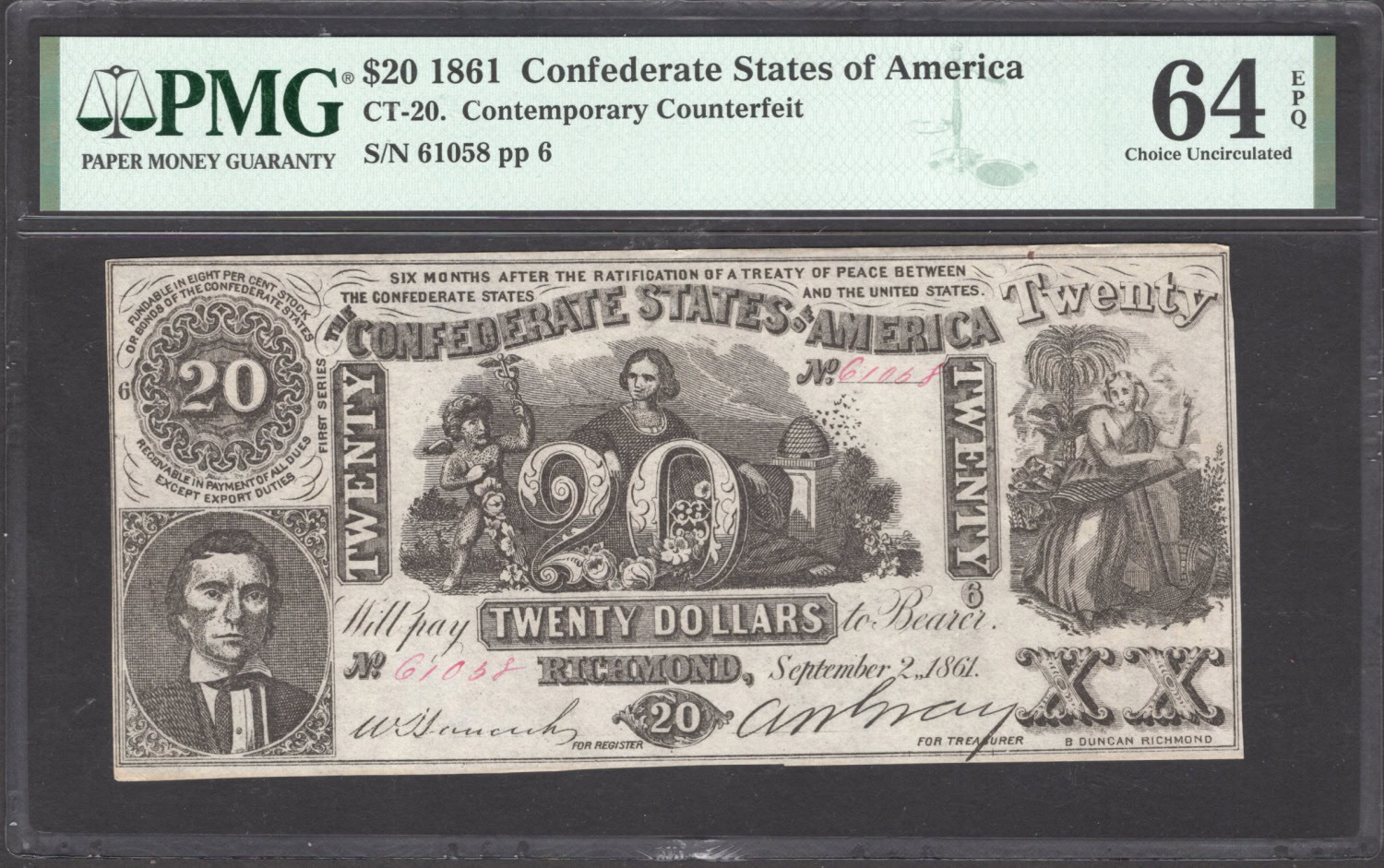 CT. 20 Confederate States of America 1861 $20 Contemporary Counterfeit ...