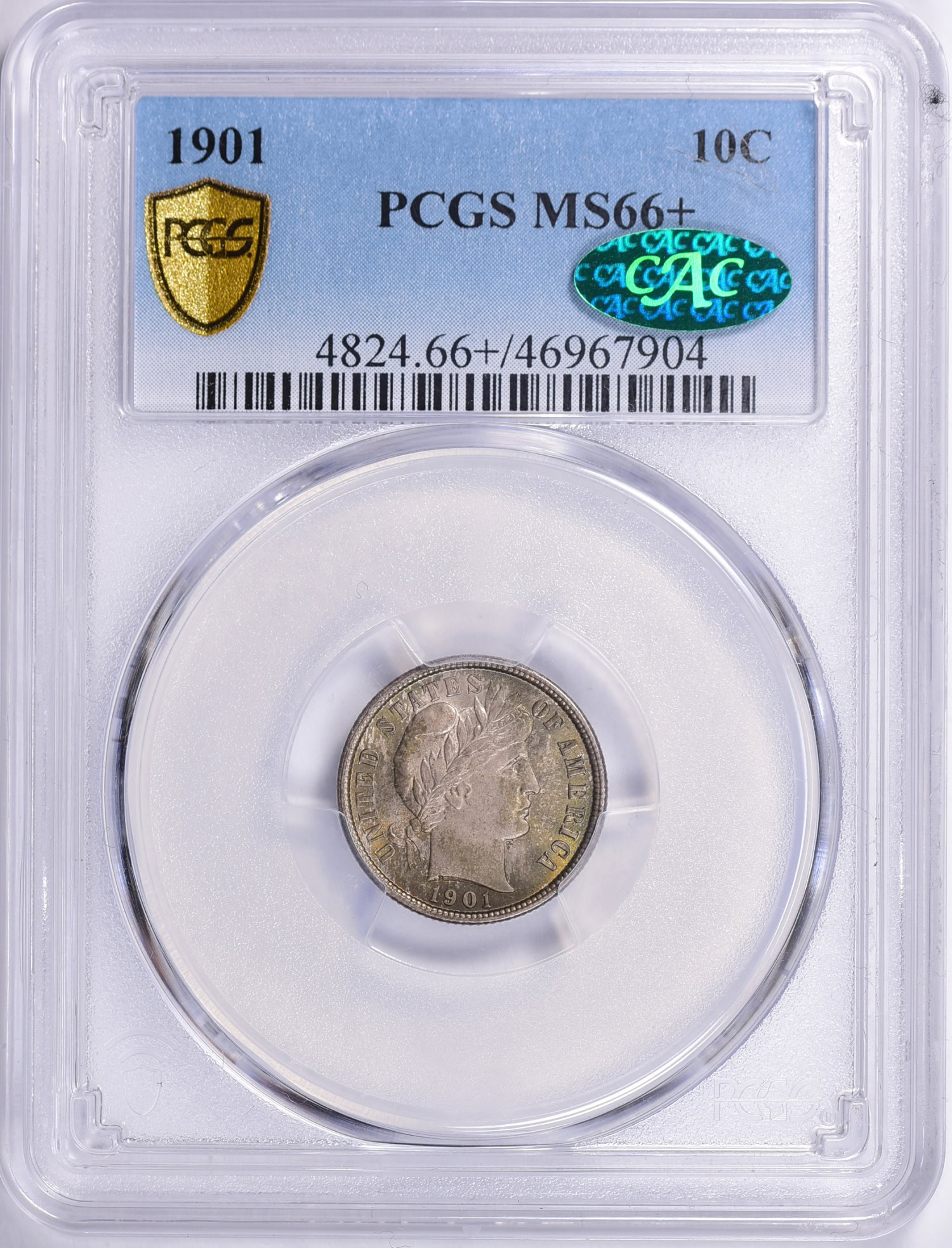 1901 Barber Dime PCGS MS-66+ (CAC Green) (Toned) (Item 1487599) | GreatCollections Coin Auctions