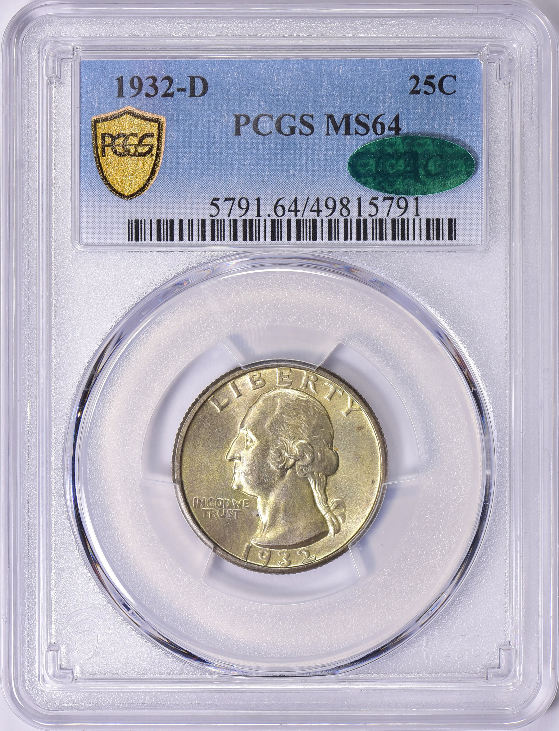 1932-D Washington Quarter PCGS MS-64 (CAC Green) (Item 1487992) | GreatCollections Coin Auctions