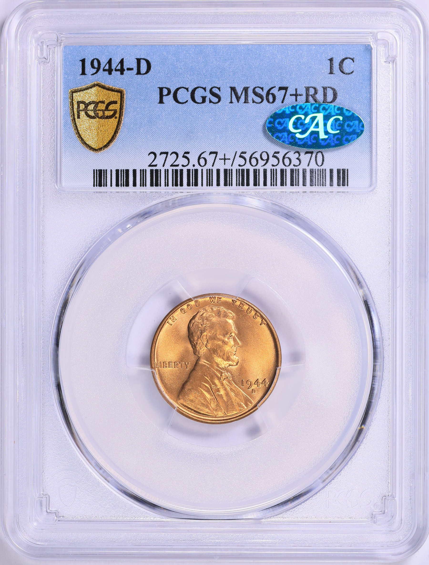 1944-D Lincoln Cent PCGS MS-67+ RD (CAC Green) (Item 1487996) | GreatCollections Coin Auctions