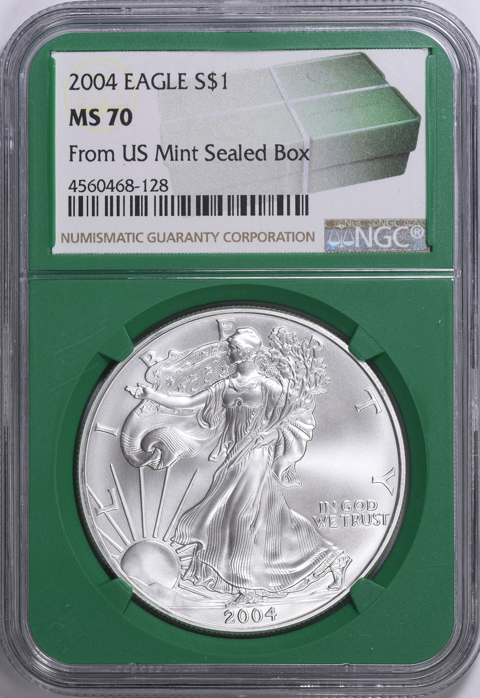2004 $1 Silver Eagle NGC MS-70 (Green Monster Box Holder) (Item 1489805 ...