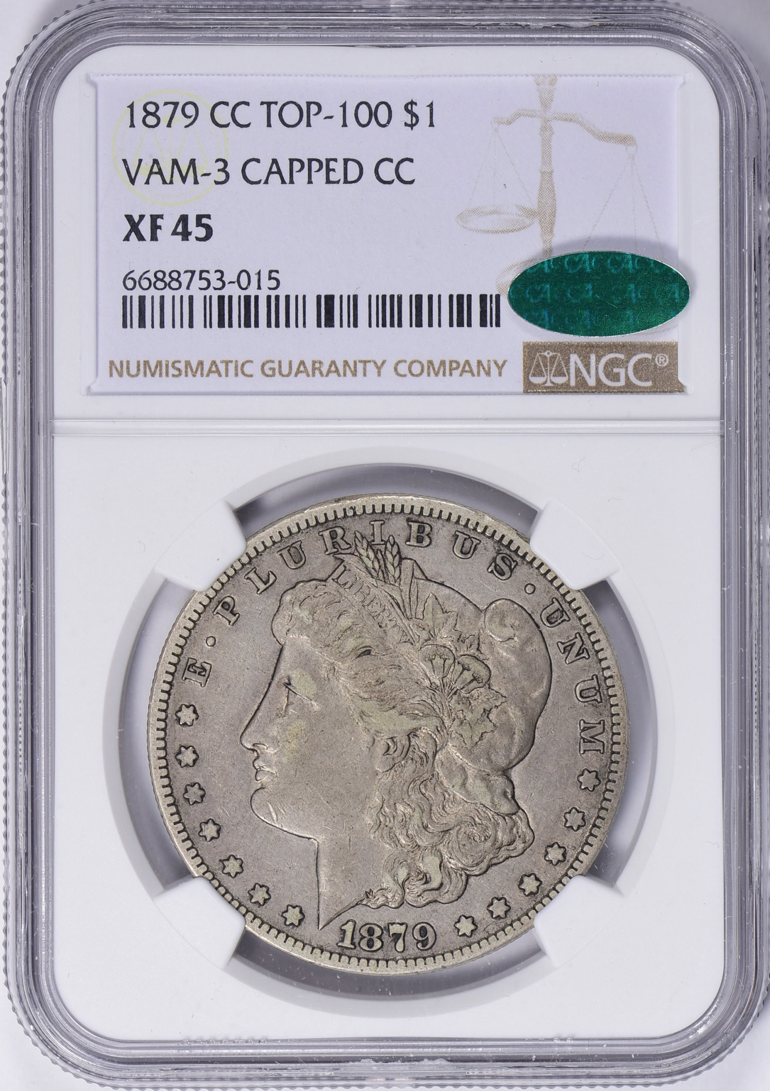 1879-CC Morgan Silver Dollar Capped Die VAM-3 Top 100 NGC XF-45 (CAC Green) (Item 1492045 ...