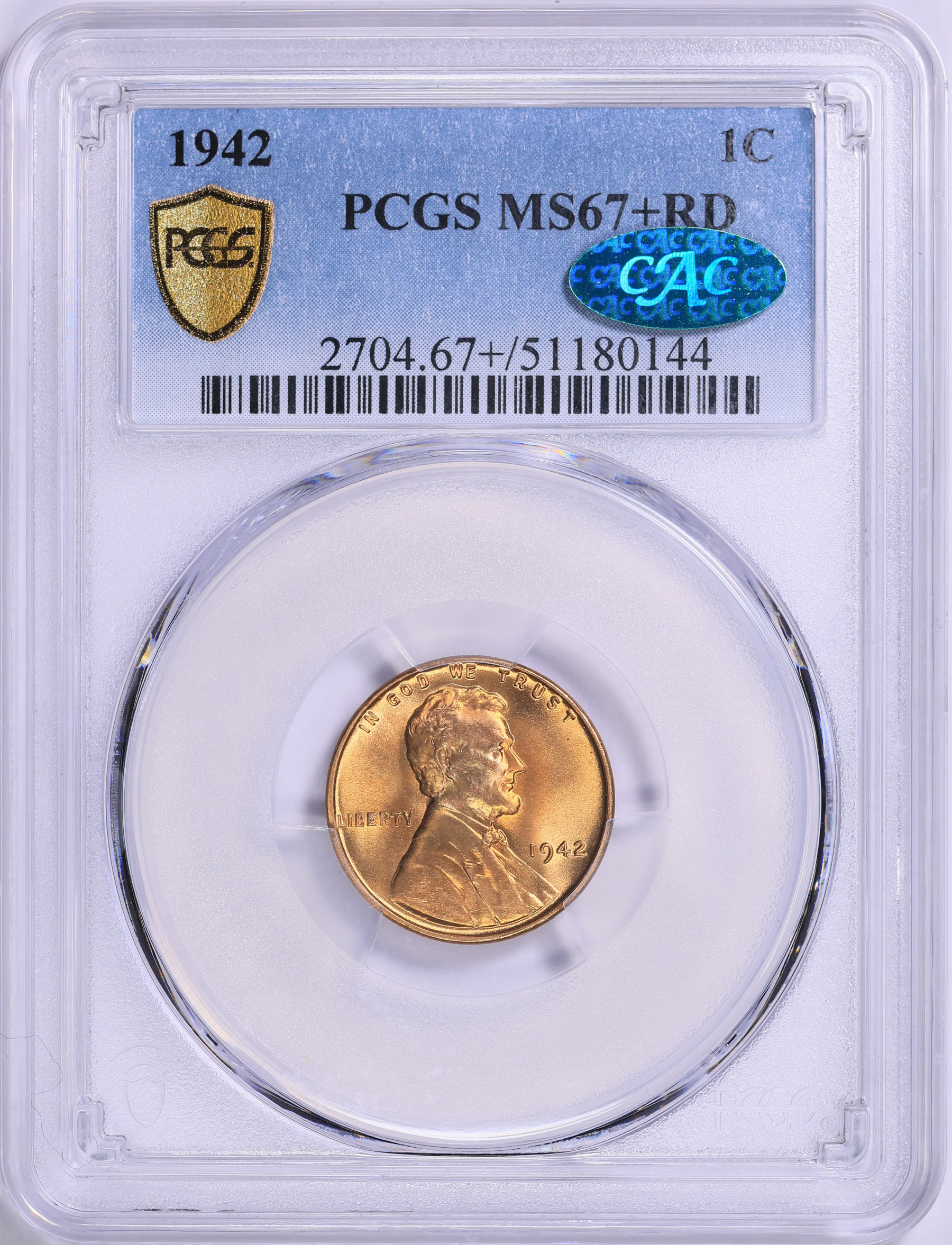 1942 Lincoln Cent PCGS MS-67+ RD (CAC Green) (Item 1492582) | GreatCollections Coin Auctions