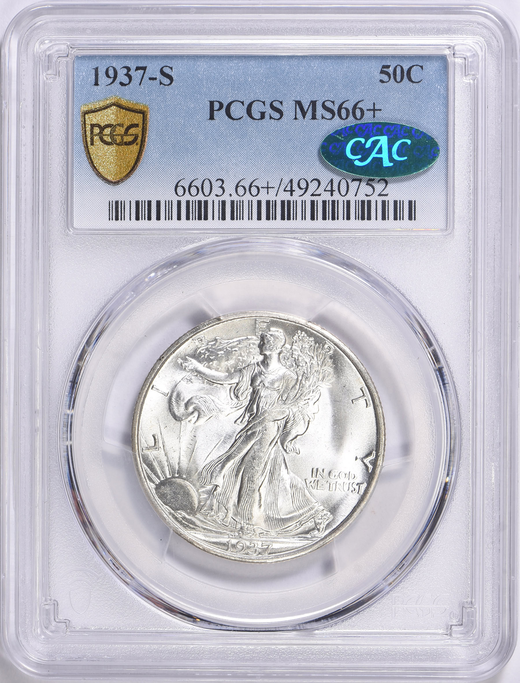 1937-S Walking Liberty Half Dollar PCGS MS-66+ (CAC Green) (Item 1492628) | GreatCollections ...
