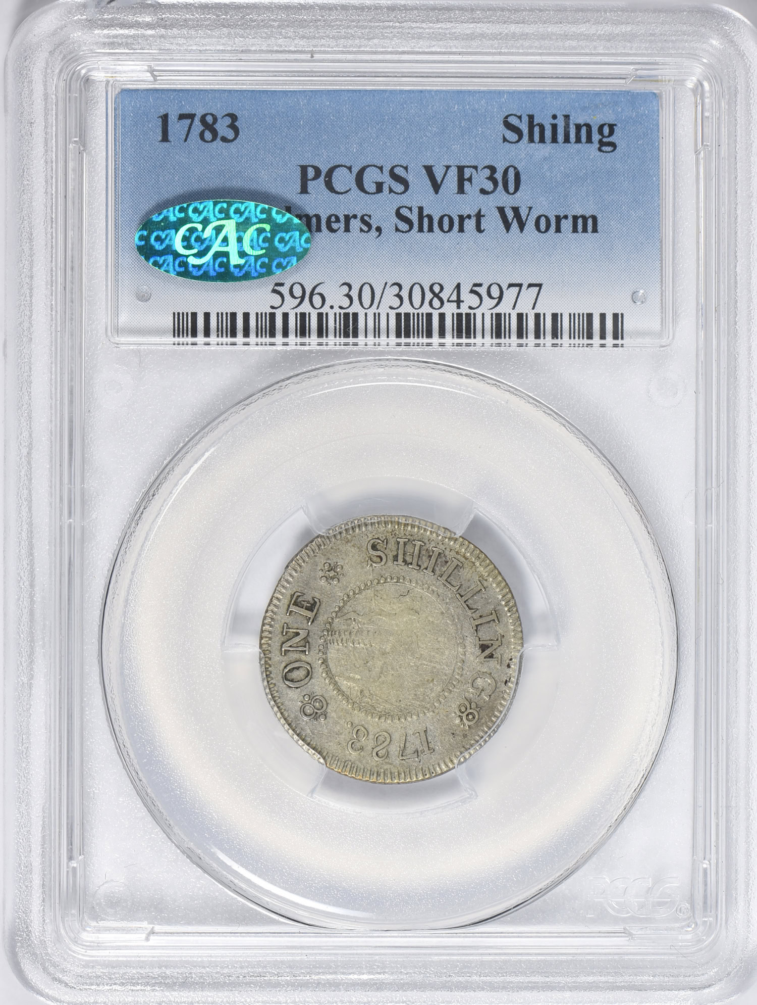 1783 John Chalmers Shilling Chalmers, Short Worm PCGS VF-30 (CAC Green ...