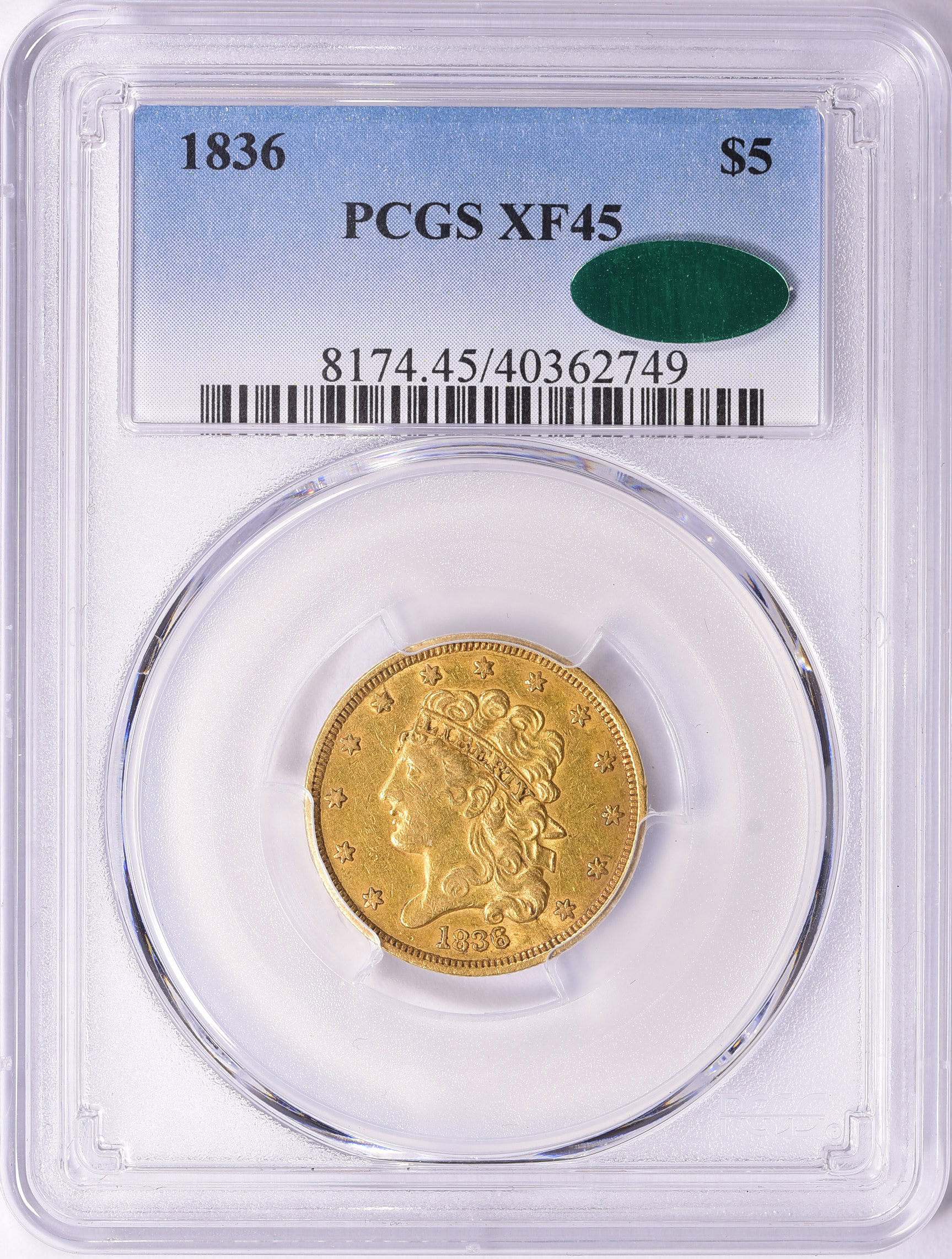 1836 Classic Gold Half Eagle PCGS XF-45 (CAC Green) (Item 1495486 ...