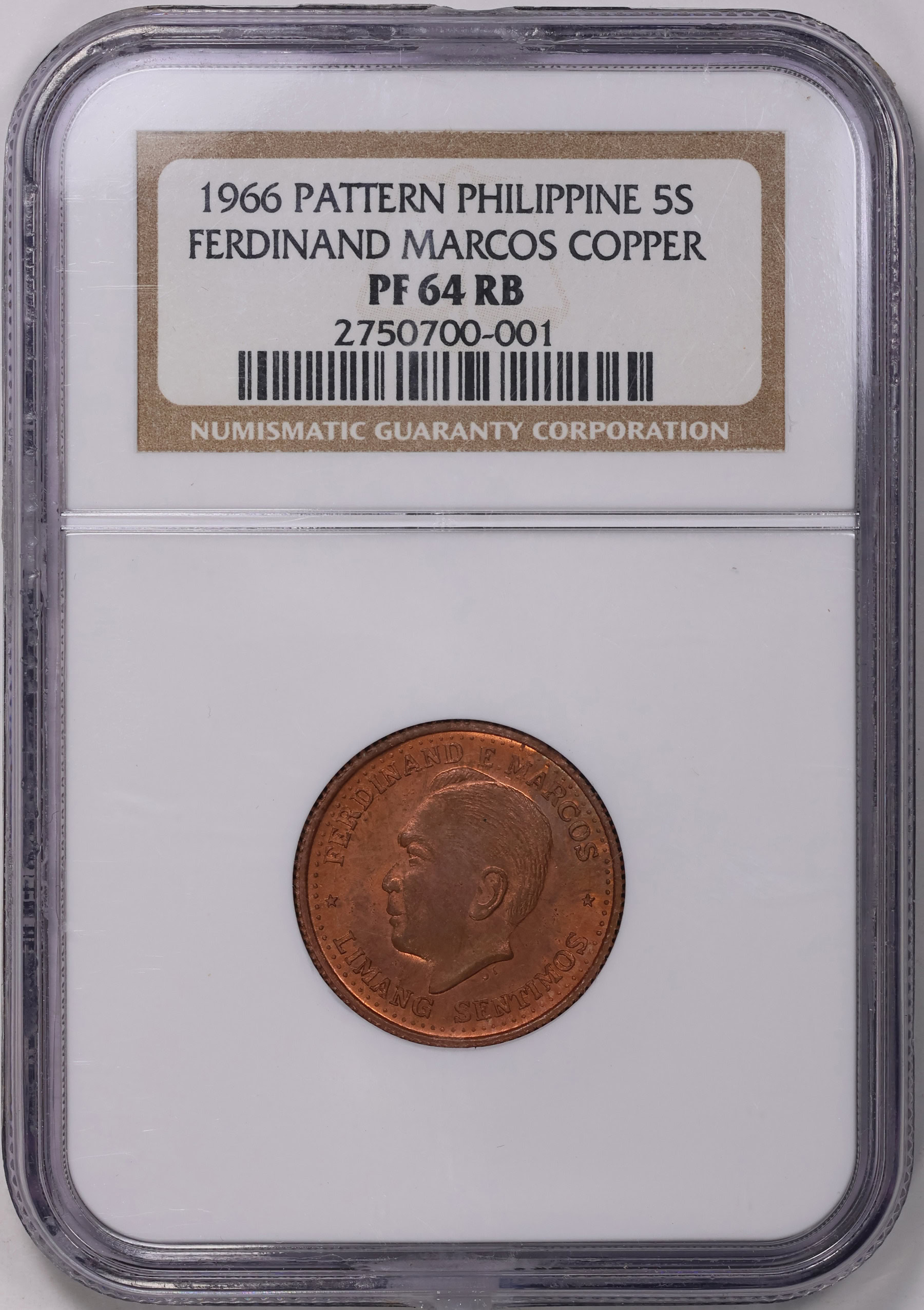 Philippines 1966 5 Sentimos Private Copper Pattern Ferdinand Marcos NGC ...