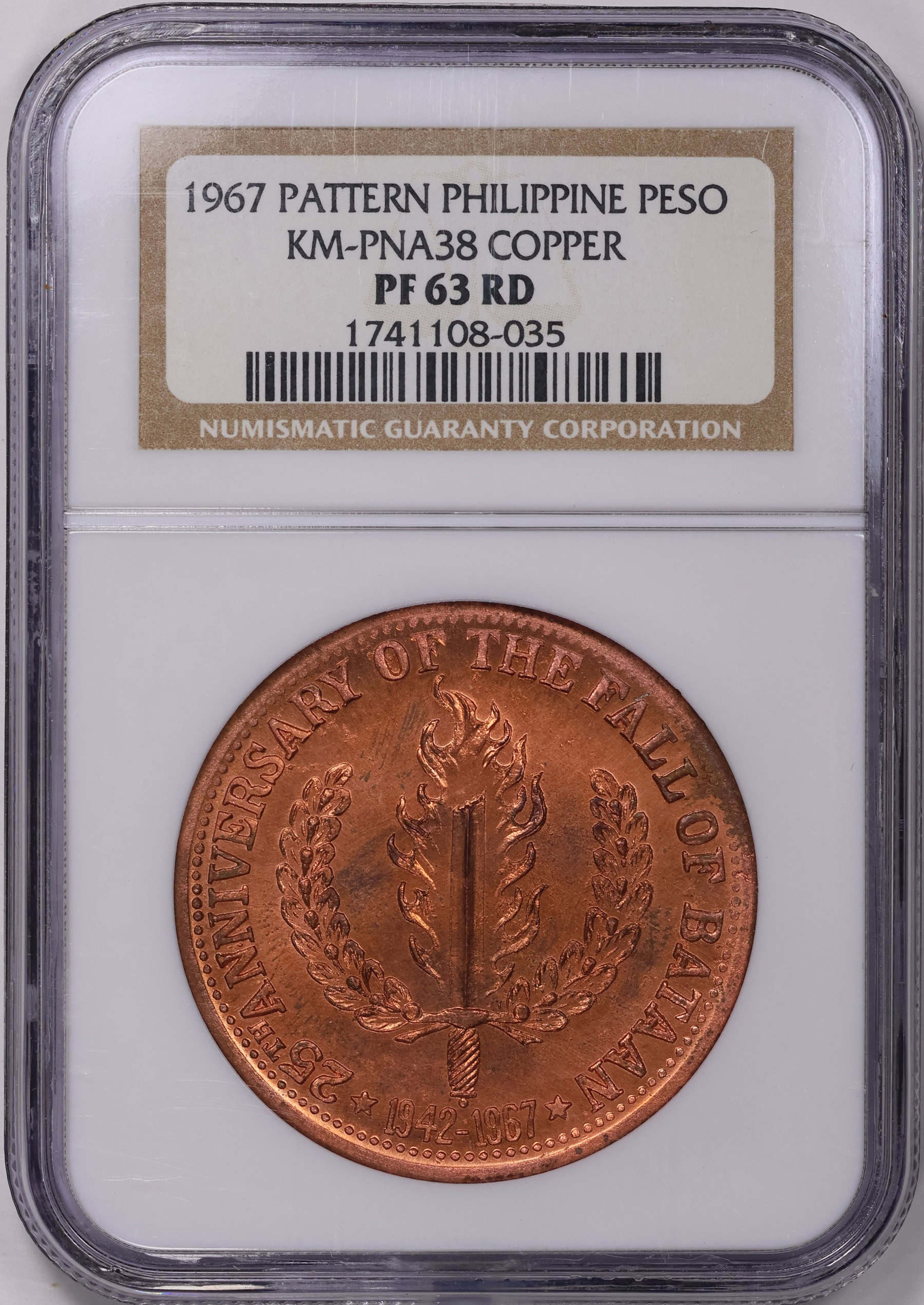 Philippines 1967 Peso Copper Pattern 25th Anniversary Fall of Bataan KM ...