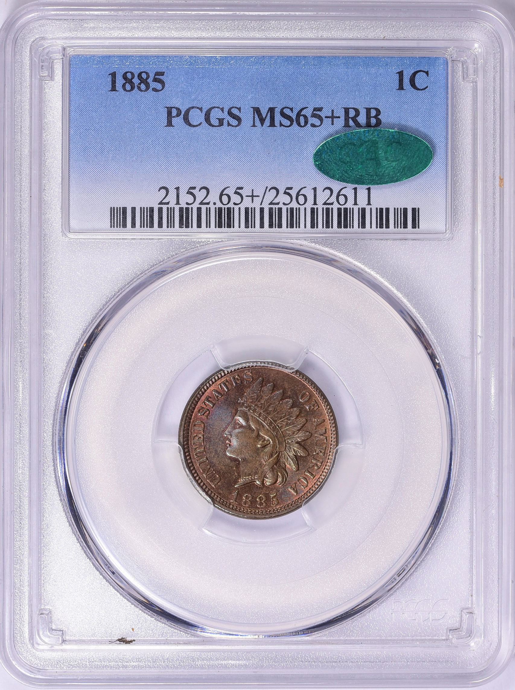 1885 Indian Cent PCGS MS-65+ RB (CAC Green) (Toned) (Item 1498555) | GreatCollections Coin Auctions