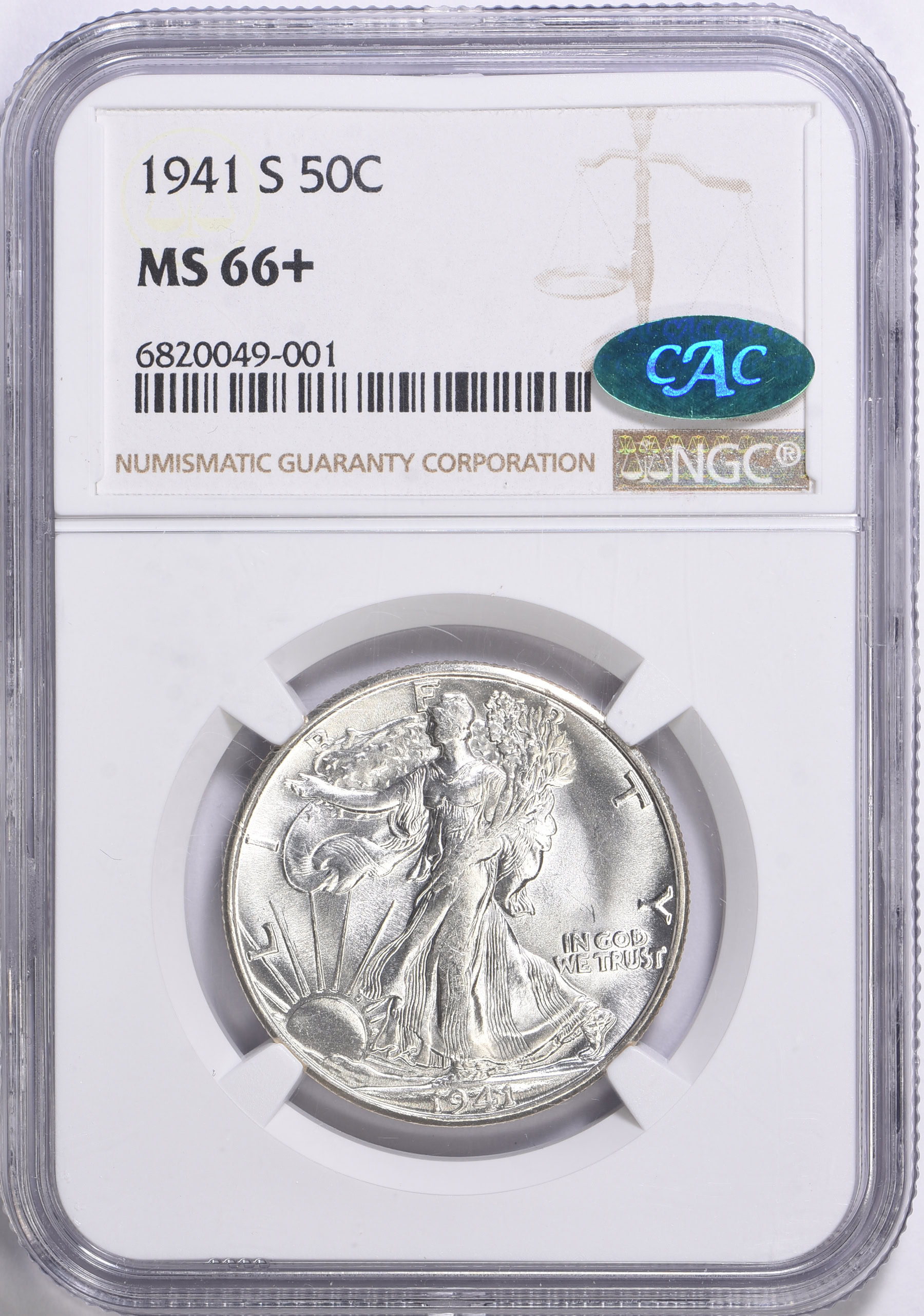1941-S Walking Liberty Half Dollar NGC MS-66+ (CAC Green) (Item 1499547) | GreatCollections Coin ...