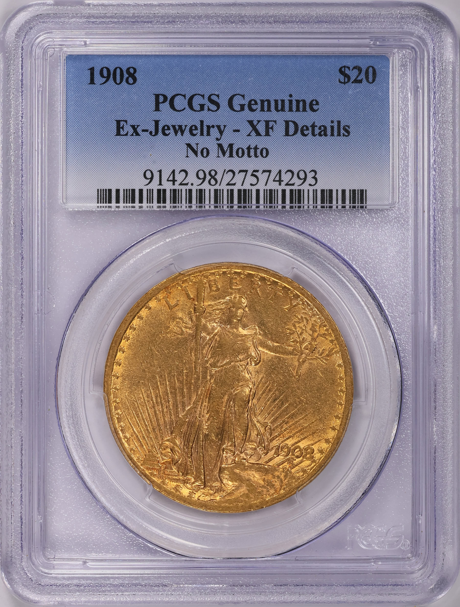 1908 Saint-Gaudens Gold Double Eagle No Motto PCGS Genuine XF Details ...