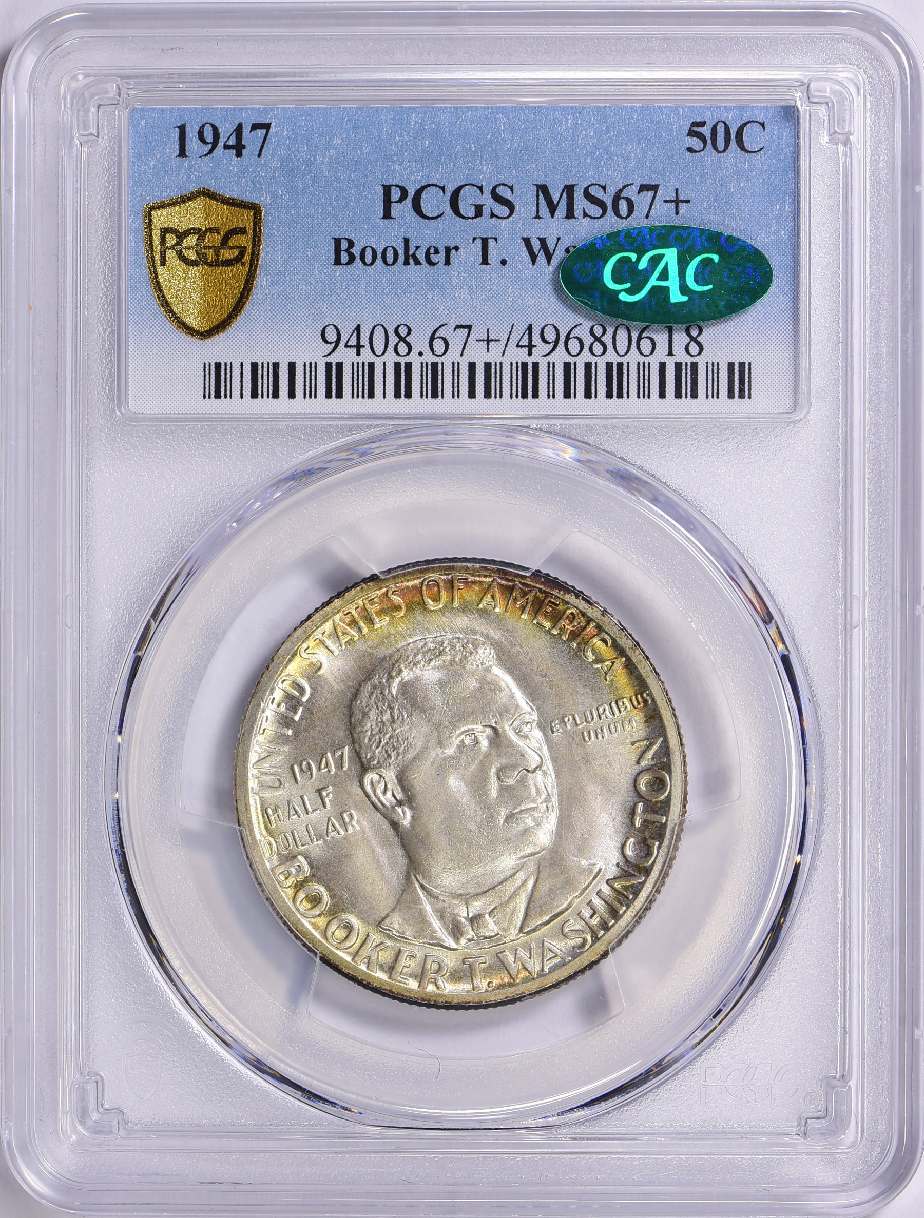 1947 Booker T. Washington Memorial Half Dollar PCGS MS-67+ (CAC Green) (Toned) (Item 1502711 ...