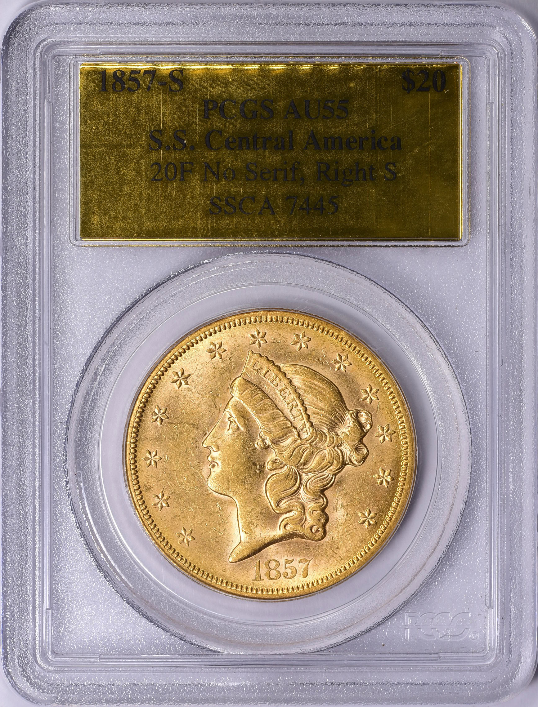 1857-S Liberty Gold Double Eagle No Serif, Right S Shipwreck S.S. Central America PCGS AU-55 ...