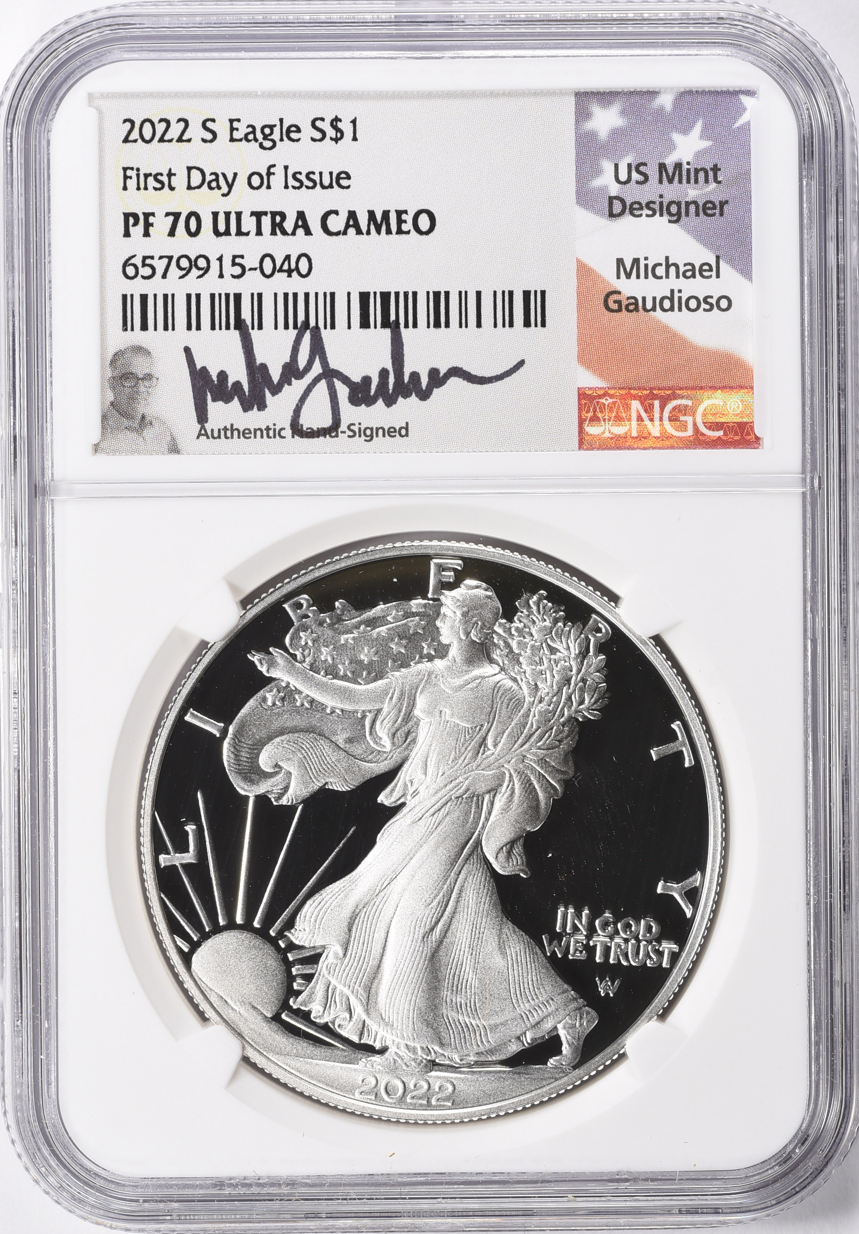2022-S $1 Silver Eagle First Day of Issue NGC Proof-70 UC (Michael Gaudioso Signed Label) (Item ...
