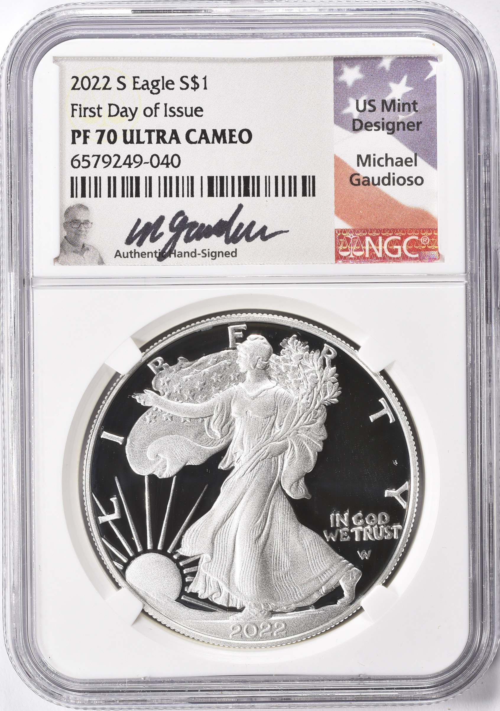 2022-S $1 Silver Eagle First Day of Issue NGC Proof-70 UC (Michael Gaudioso Signed Label) (Item ...