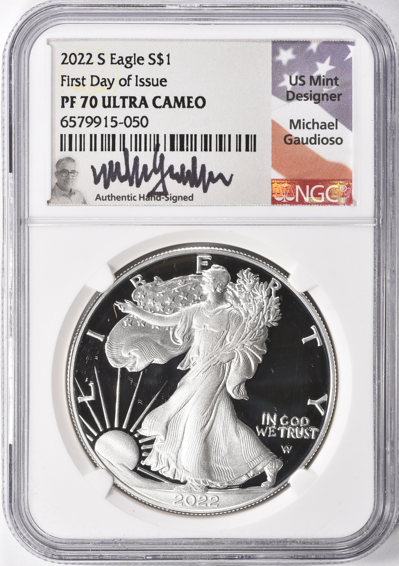 2022-S $1 Silver Eagle First Day of Issue NGC Proof-70 UC (Michael Gaudioso Signed Label) (Item ...