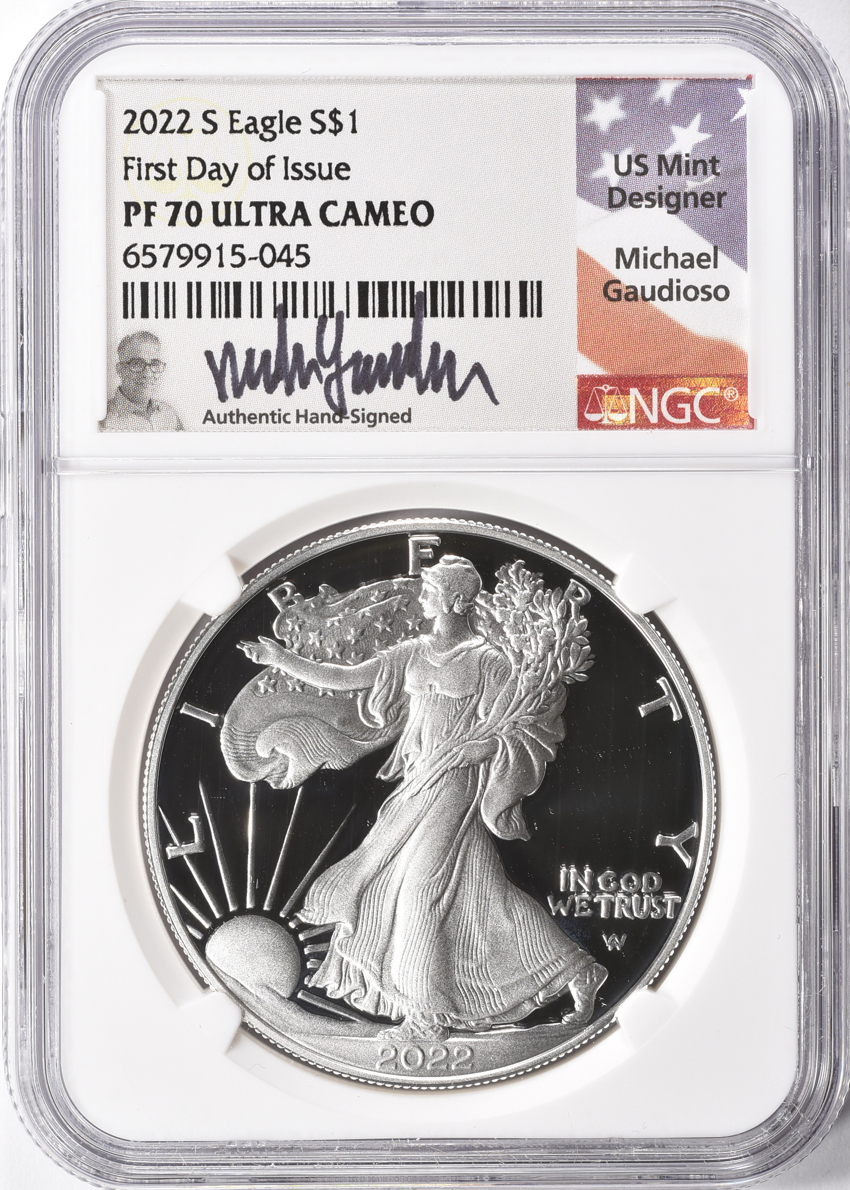 2022-S $1 Silver Eagle First Day of Issue NGC Proof-70 UC (Michael Gaudioso Signed Label) (Item ...