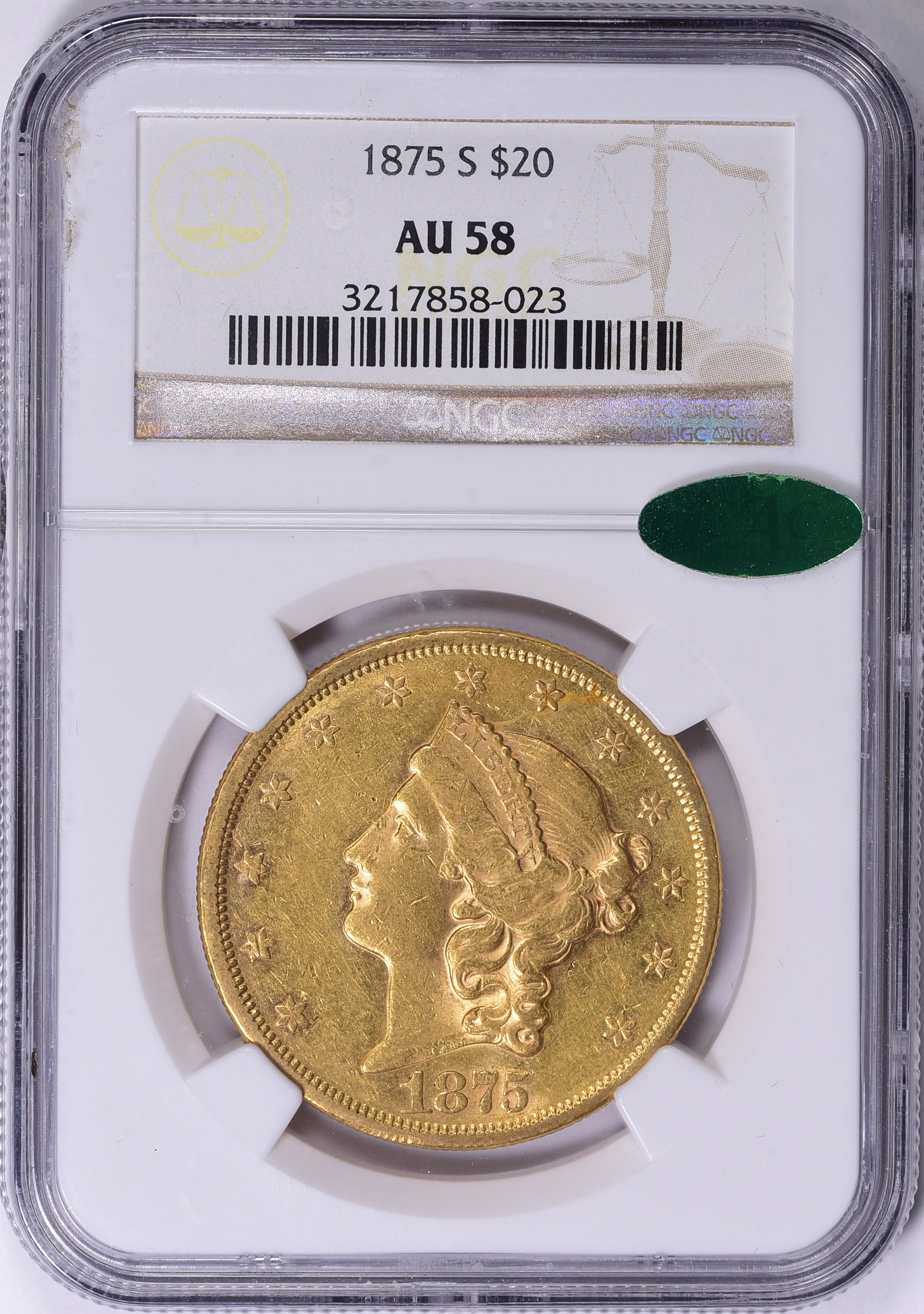 1875-S Liberty Gold Double Eagle NGC AU-58 (CAC Green) (Item 1510312) | GreatCollections Coin ...