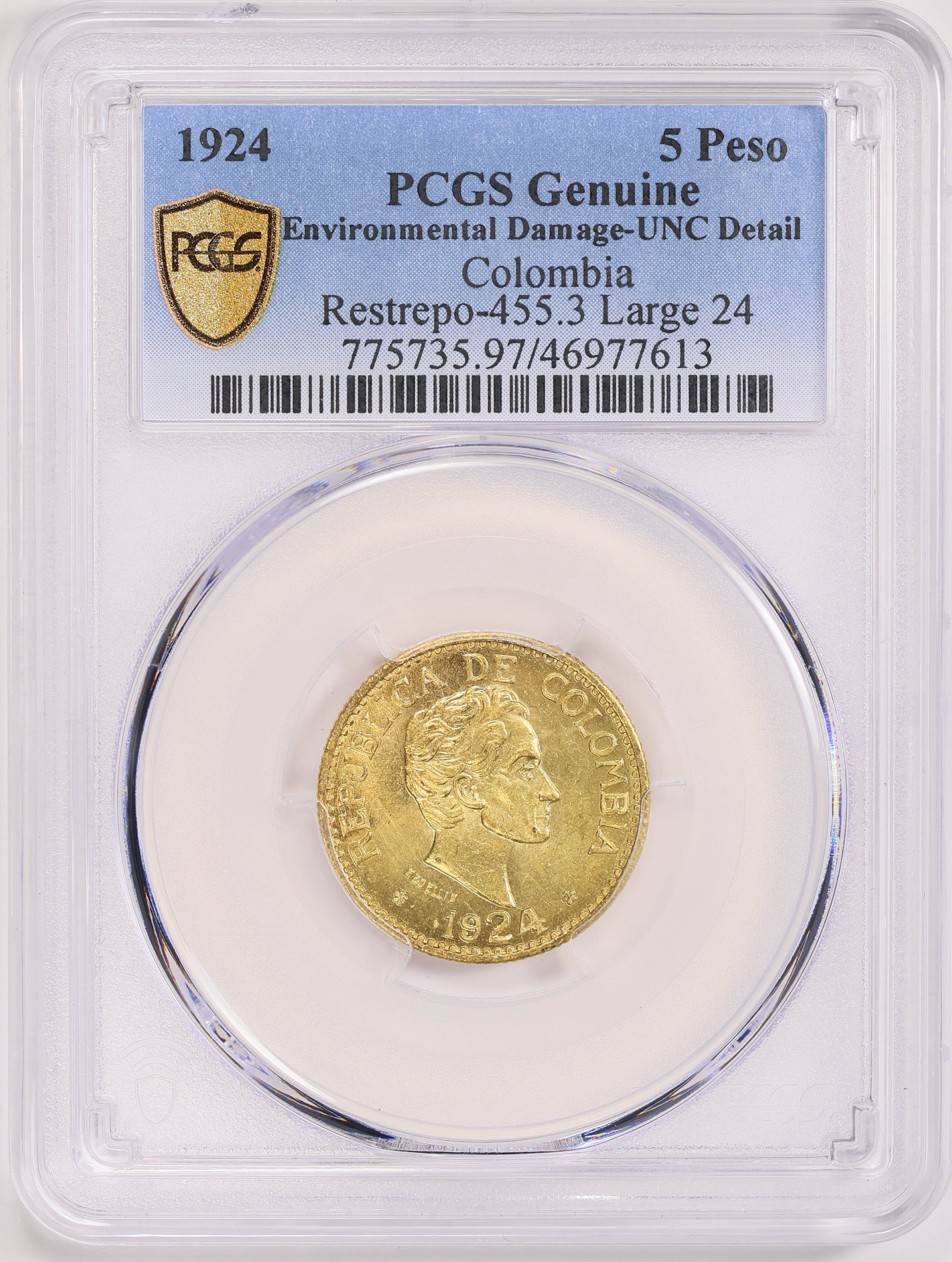 Colombia 1924 Gold 5 Pesos Large 24 KM-204 PCGS Genuine Unc Details ...