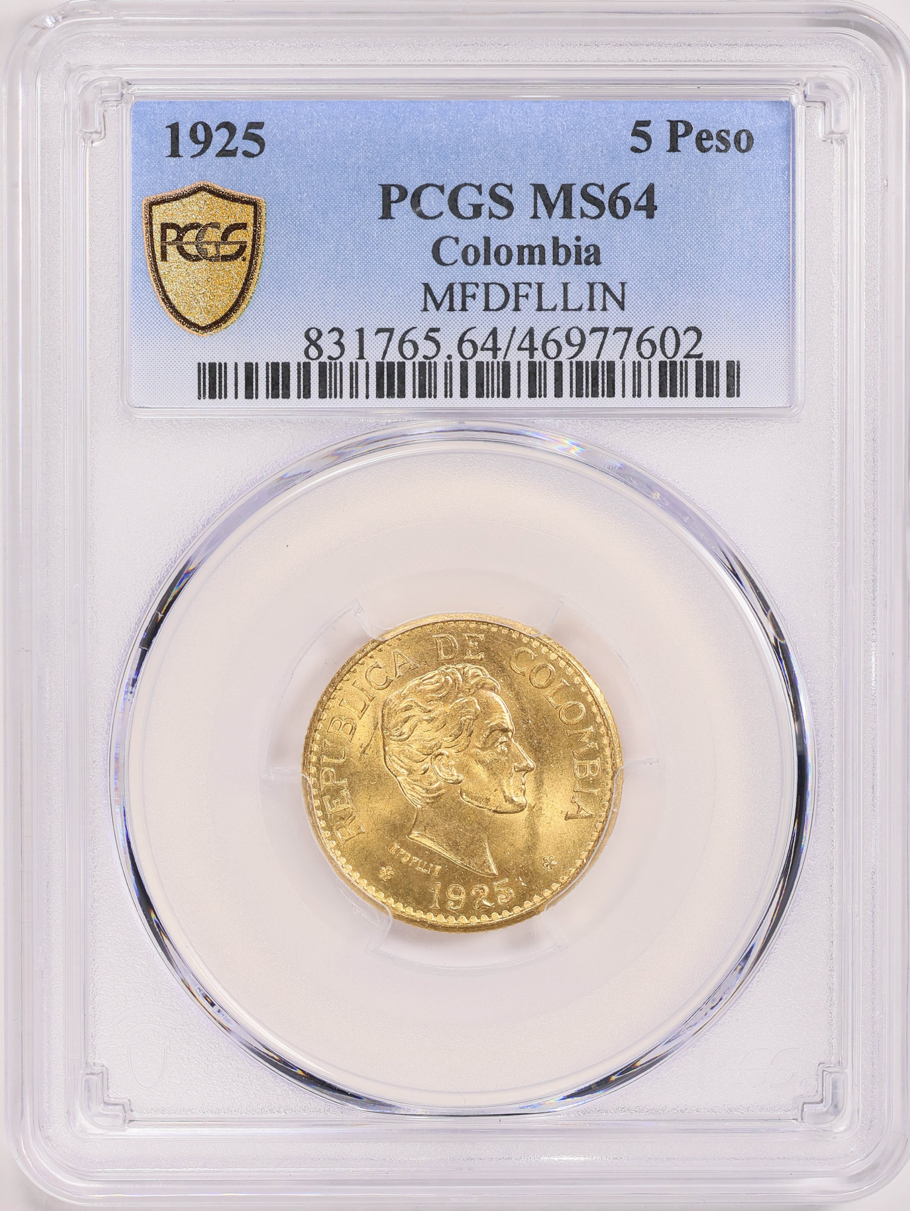Colombia 1925 Gold 5 Pesos MFDFLLIN KM-204 PCGS MS-64 (AGW = 0.2355 oz.) (Item 1511983 ...