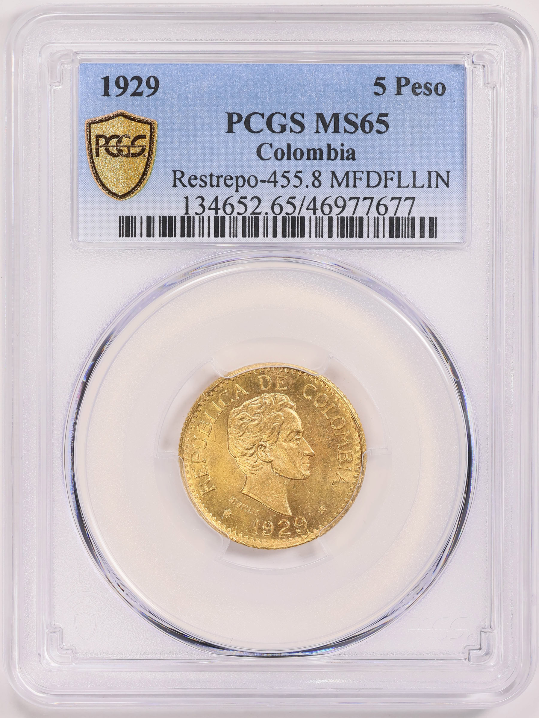 Colombia 1929 Gold 5 Pesos MFDFLLIN KM-204 PCGS MS-65 (AGW = 0.2355 oz ...