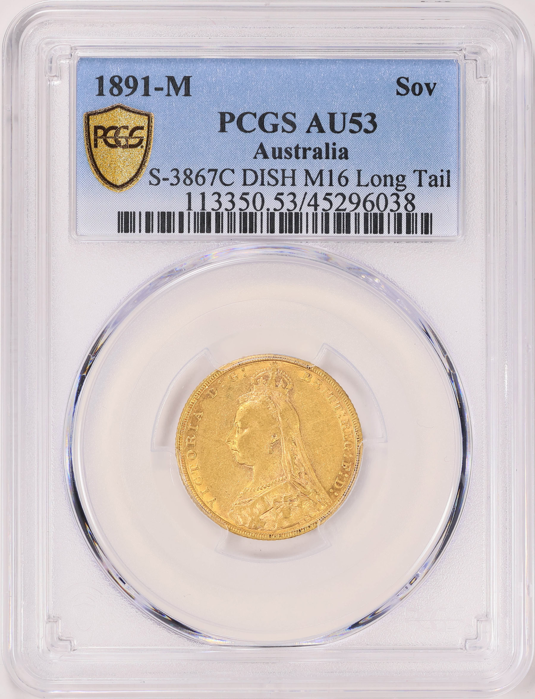 Australia 1891-M Gold Sovereign Long Tail KM-10 PCGS AU-53 (AGW = 0. ...