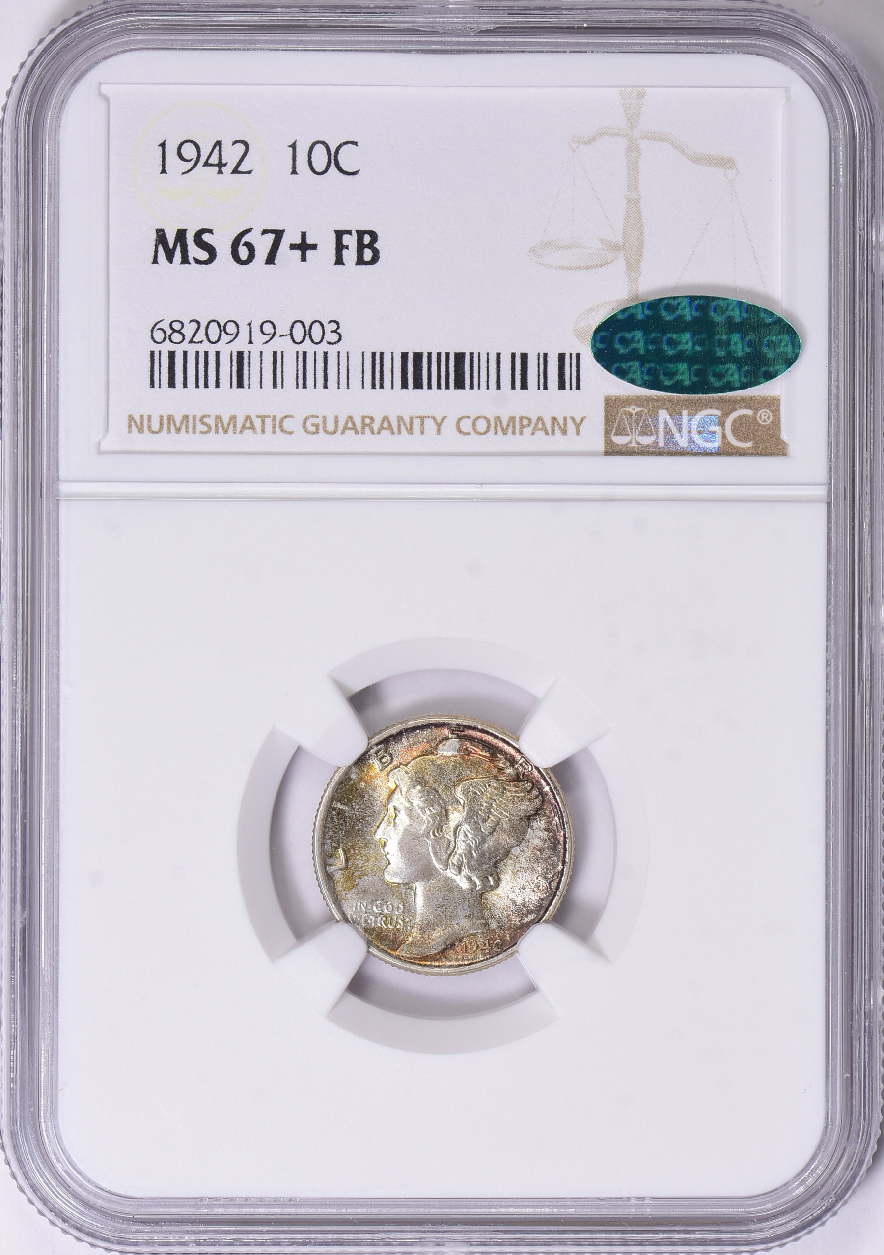 1942 Mercury Dime NGC MS-67+ FB (Toned) (CAC Green) (Item 1513696) | GreatCollections Coin Auctions