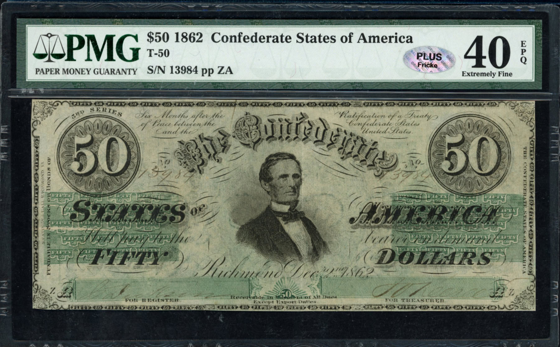 T. 50 Confederate States of America 1862 $50 Note PMG Extremely Fine 40 ...