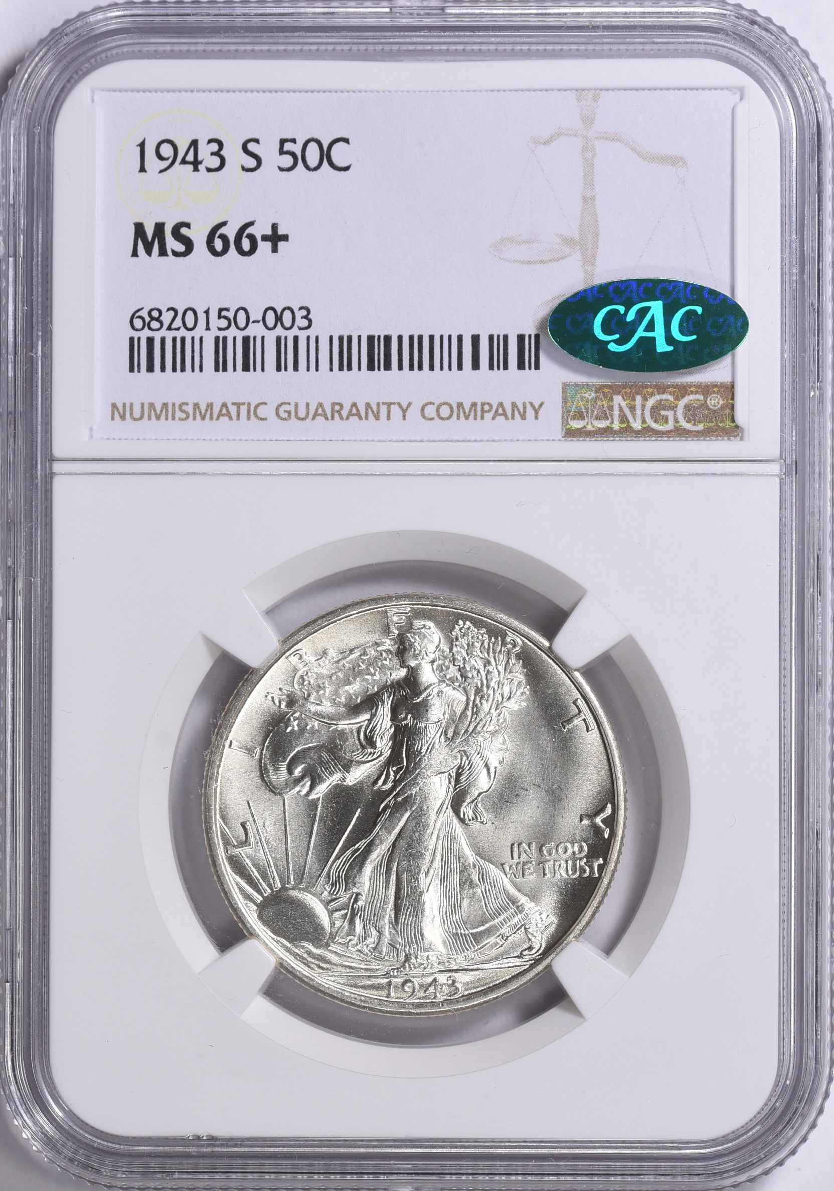 1943-S Walking Liberty Half Dollar NGC MS-66+ (CAC Green) (Item 1517051) | GreatCollections Coin ...