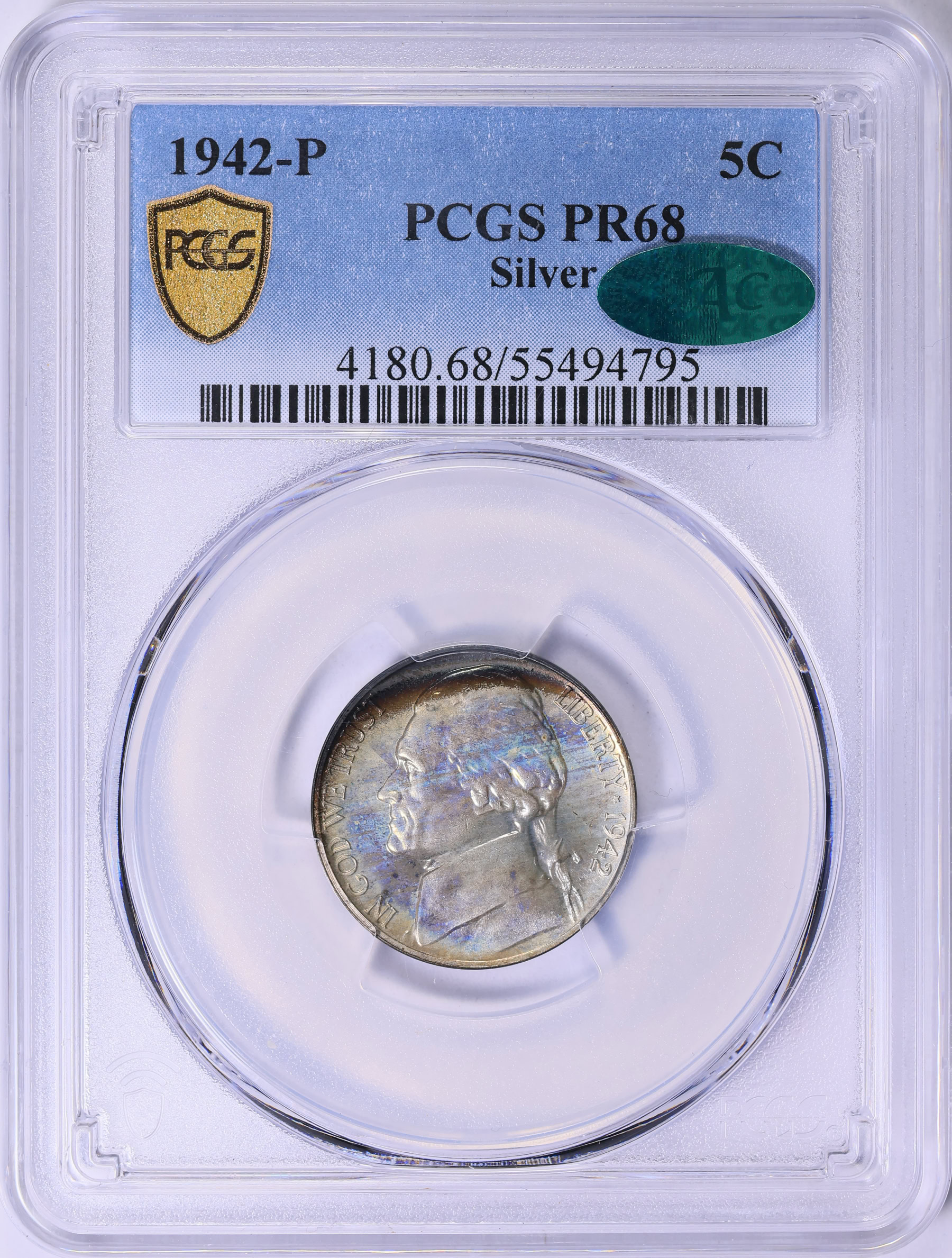 1942-P Jefferson Nickel Type 2 PCGS Proof-68 (CAC Green) (Toned) (Item ...